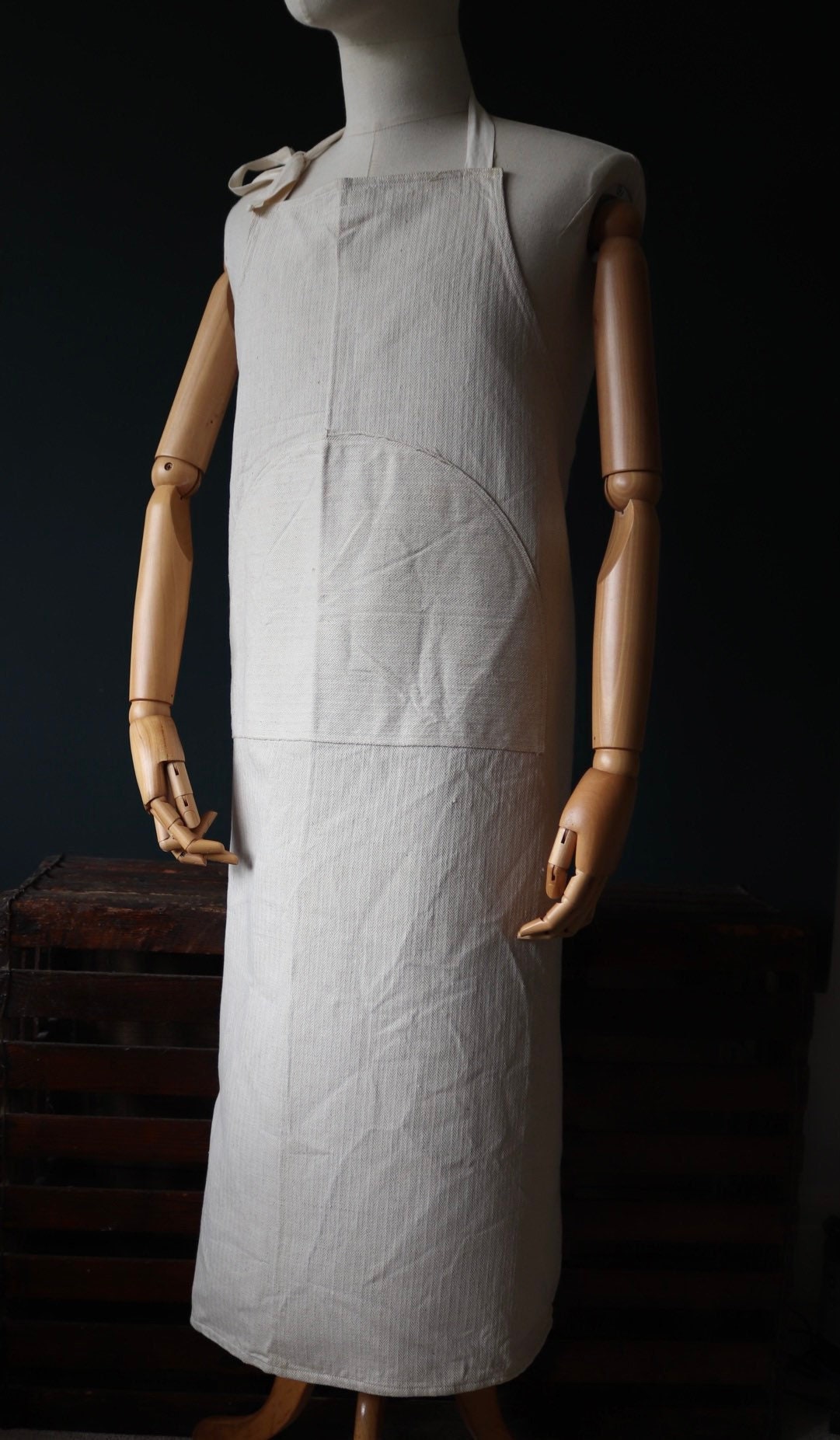 Vintage 1950s 50s French white herringbone linen butchers apron pinny ...