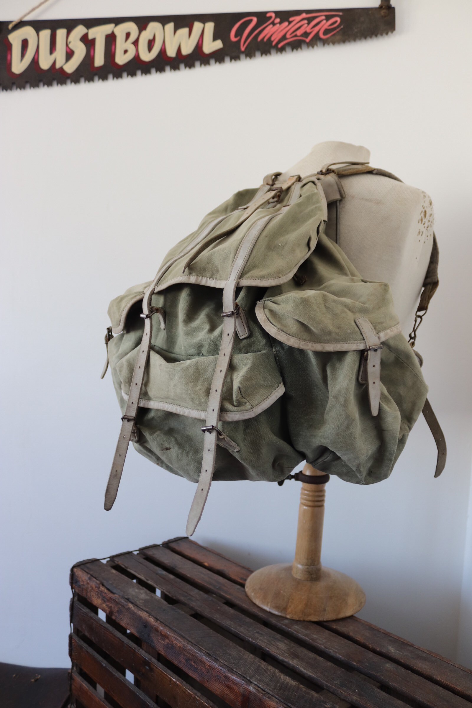Vintage 1960s 60s french khaki green canvas leather rucksack backpack ...