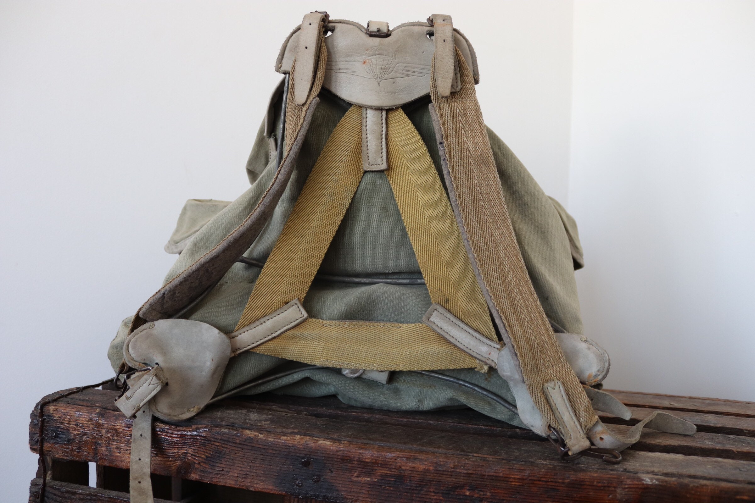 Vintage 1960s 60s french khaki green canvas leather rucksack backpack ...