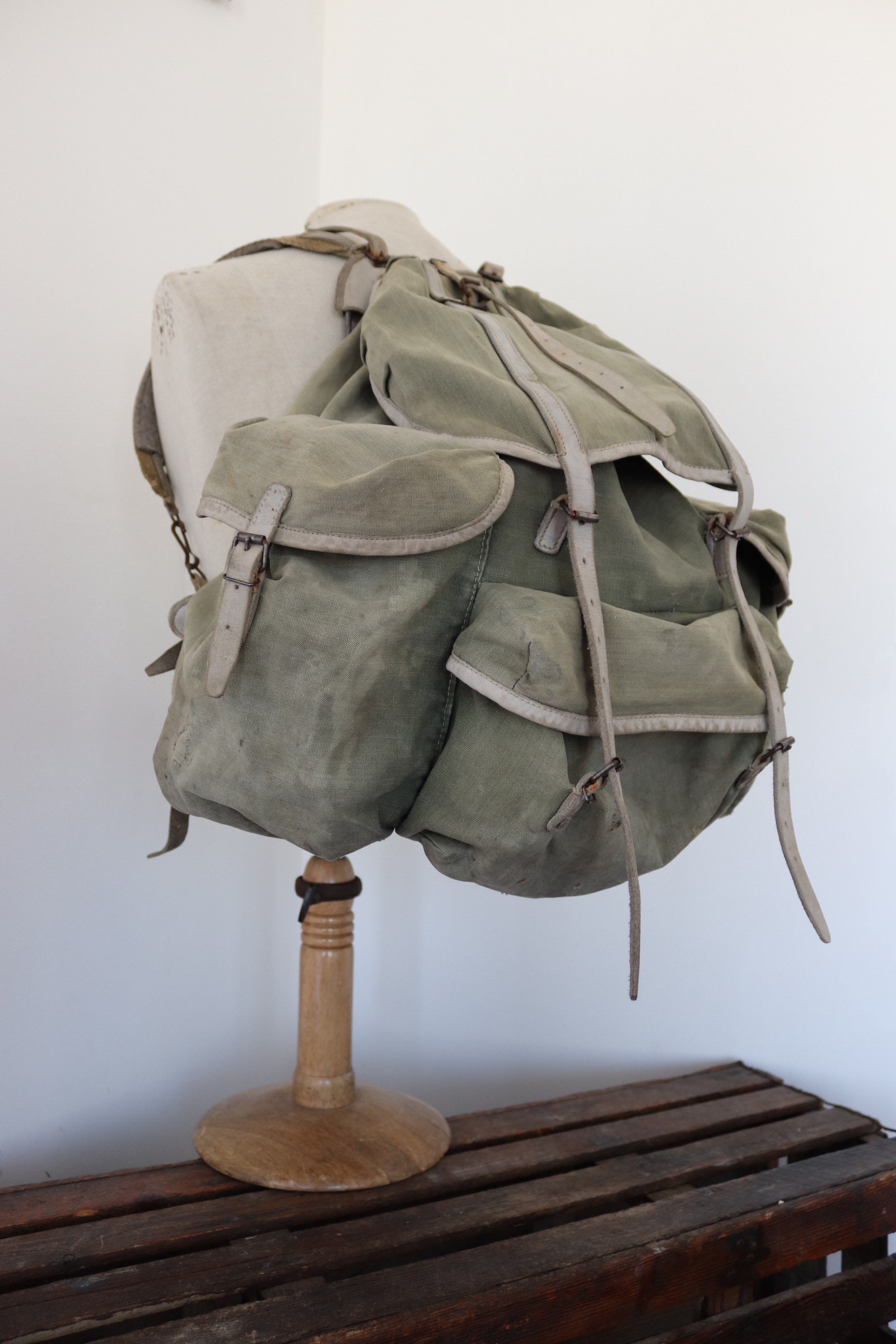 Vintage 1960s 60s french khaki green canvas leather rucksack backpack ...