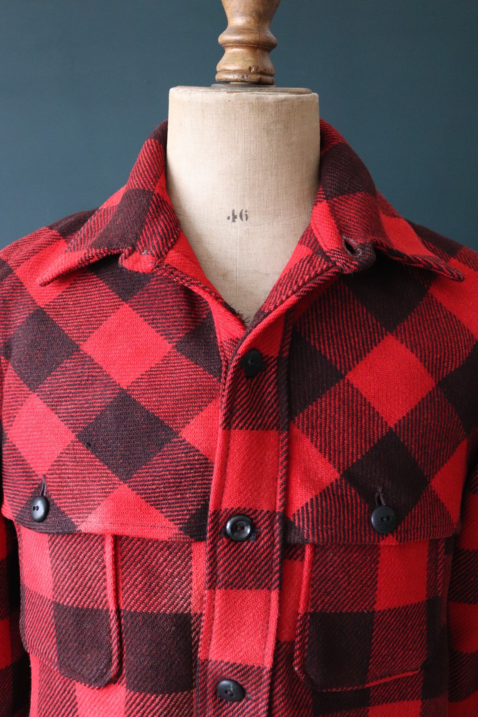 Vintage 1950s 50s 1960s 60s red black buffalo plaid wool shirt jacket ...