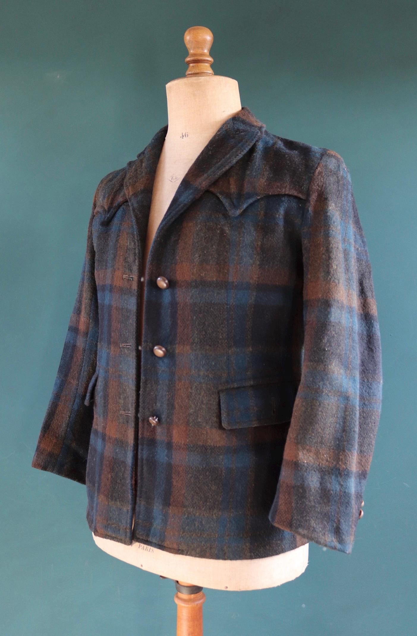 Vintage 1960s 60s Brown Black Blue Western Plaid Checked Vintage 1960s 60s Brown Black Blue Western Plaid Checked