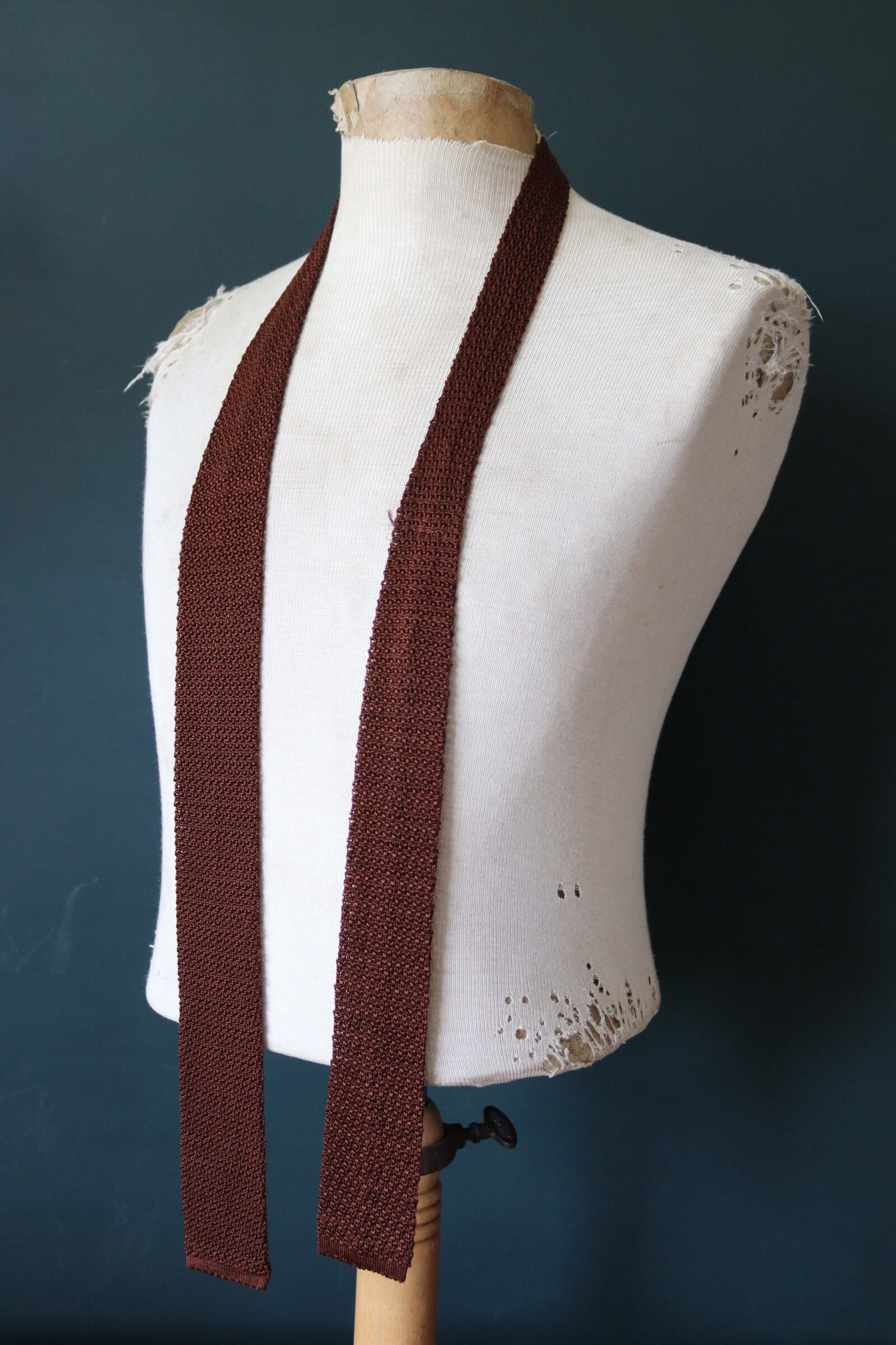 Vintage 1960s 60s brown knitted silk square end necktie tie mod atomic ...