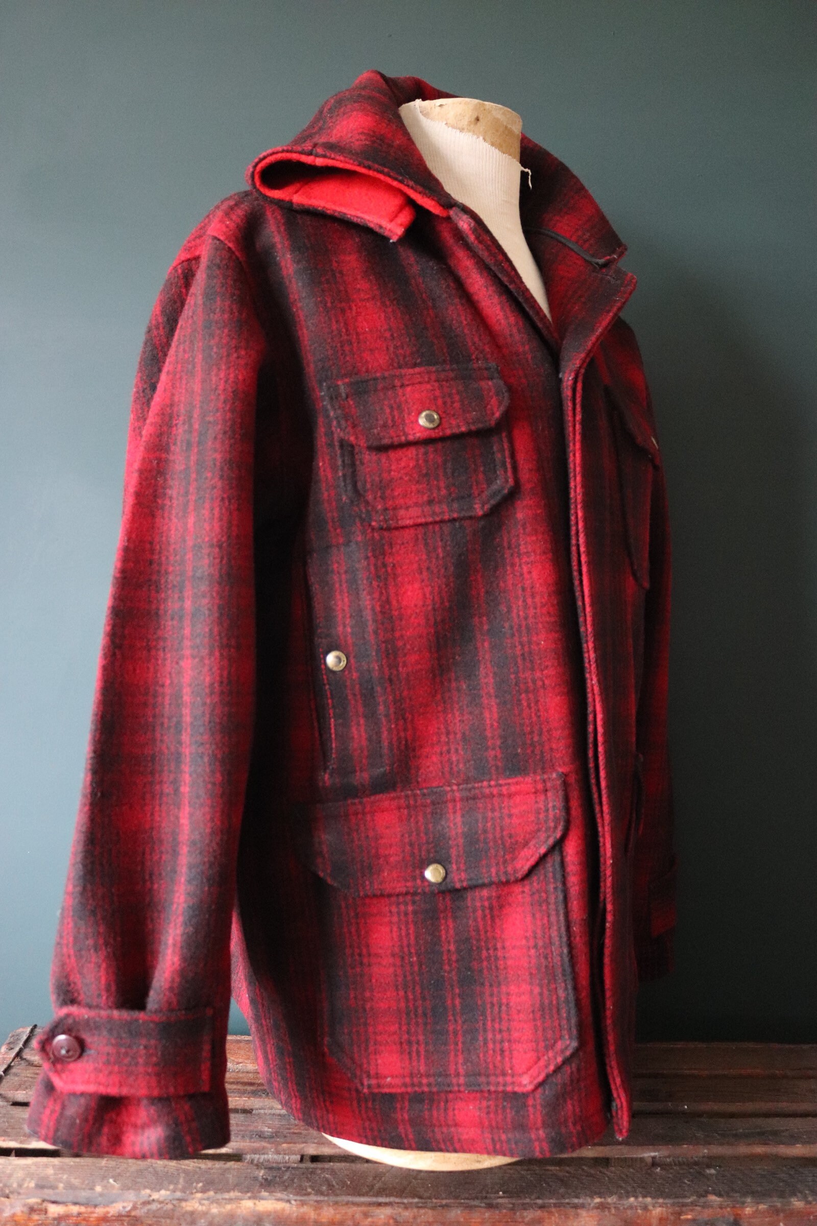 Vintage 1940s 40s red plaid hooded Woolrich buffalo plaid wool hunting ...