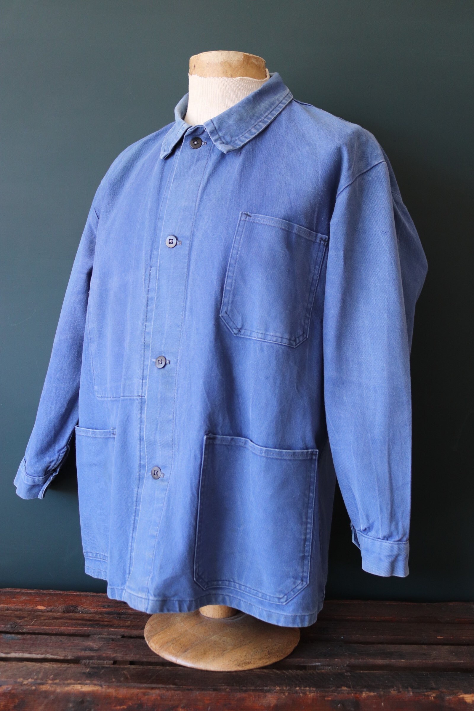 Vintage 1960s 60s French blue work jacket workwear chore faded 50 ...