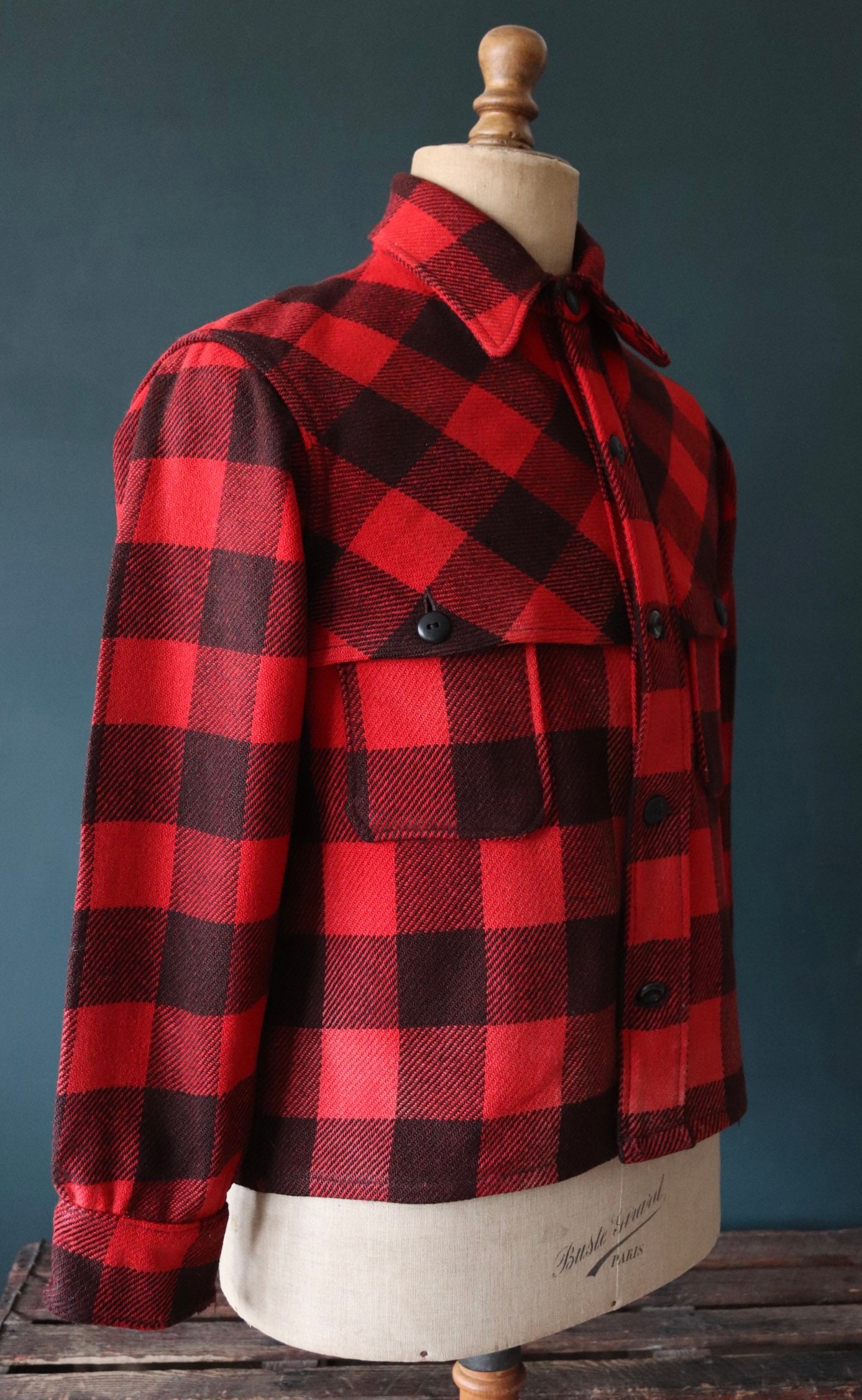 Vintage 1950s 50s 1960s 60s red black buffalo plaid wool shirt jacket ...
