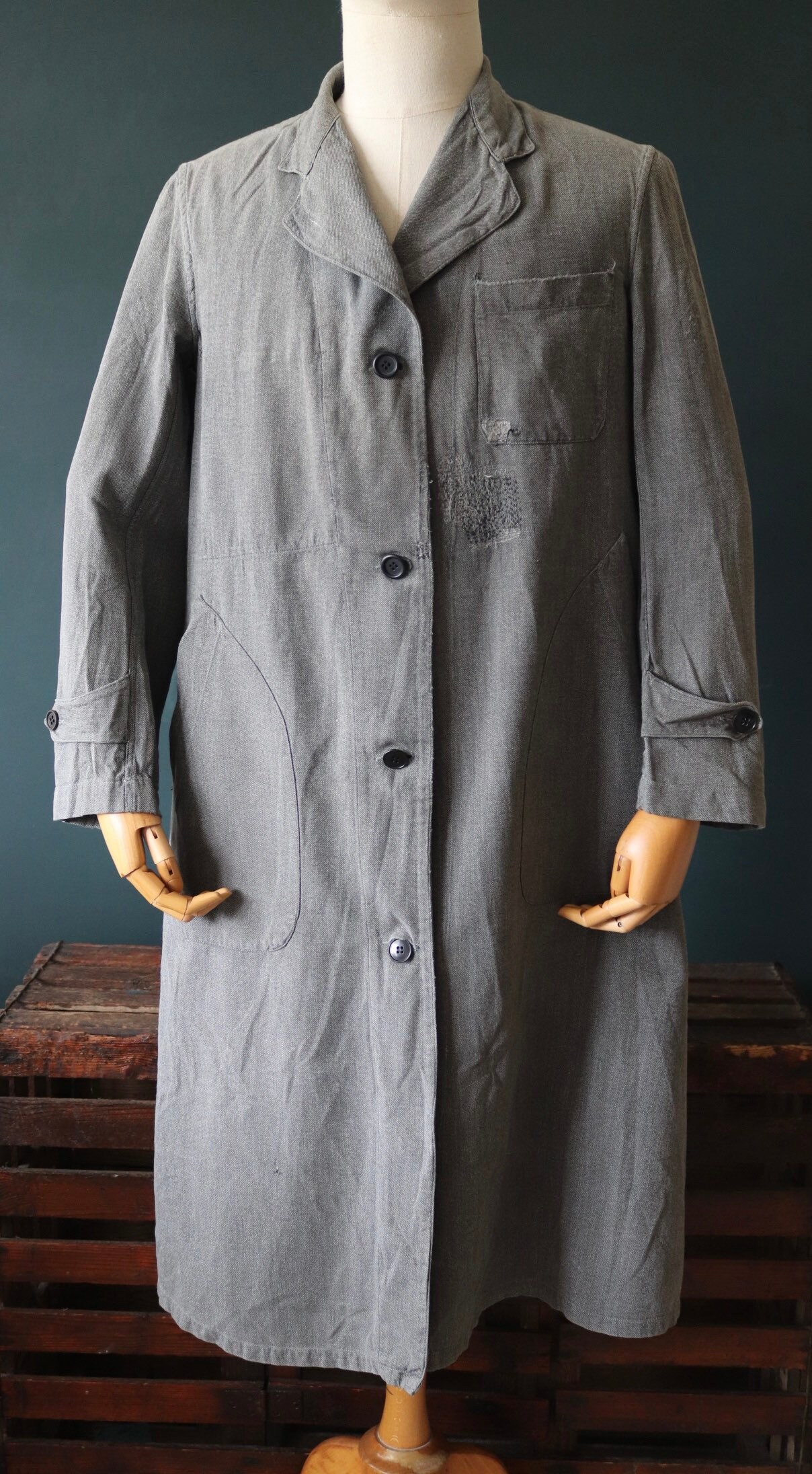 Vintage 1950s 50s French salt pepper grey work coat jacket overall ...