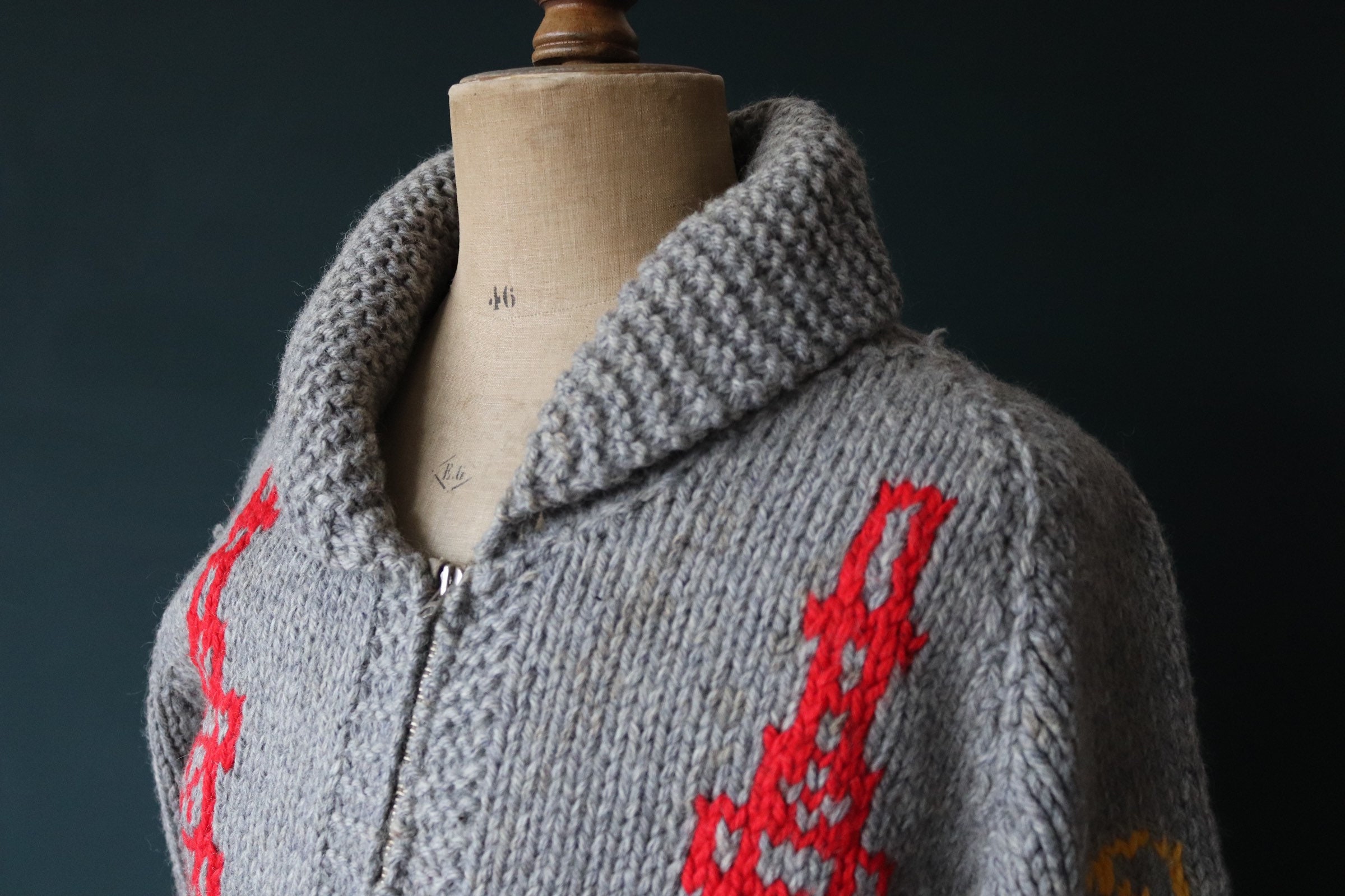Vintage 1950 50s chunky knitted wool cowichan sweater cardigan jumper ...