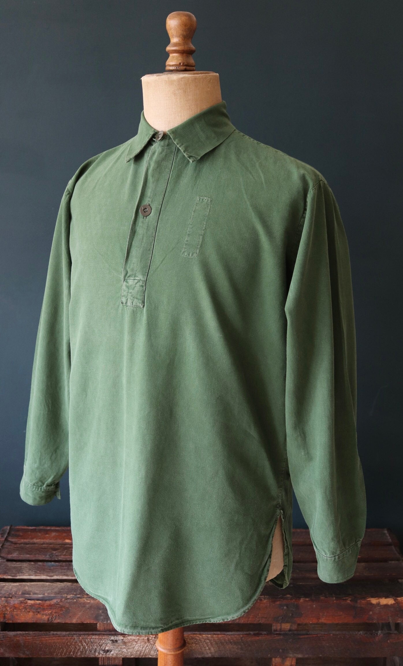 Vintage 1980s 80s Swedish army military fältskjorta green cotton smock ...