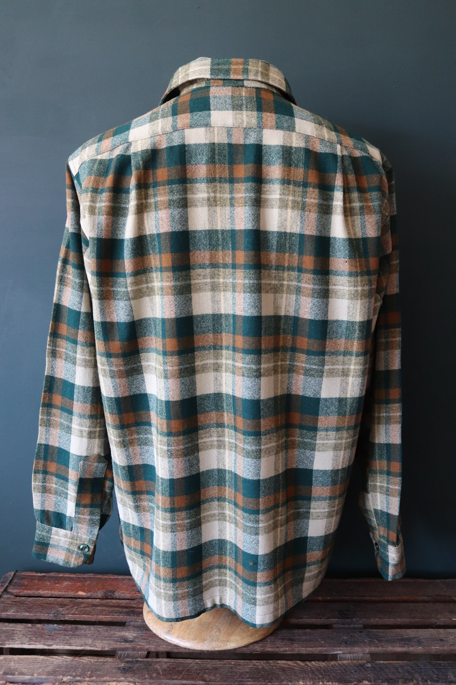 Vintage 1980s 80s Pendleton wool shirt green brown plaid checked board ...