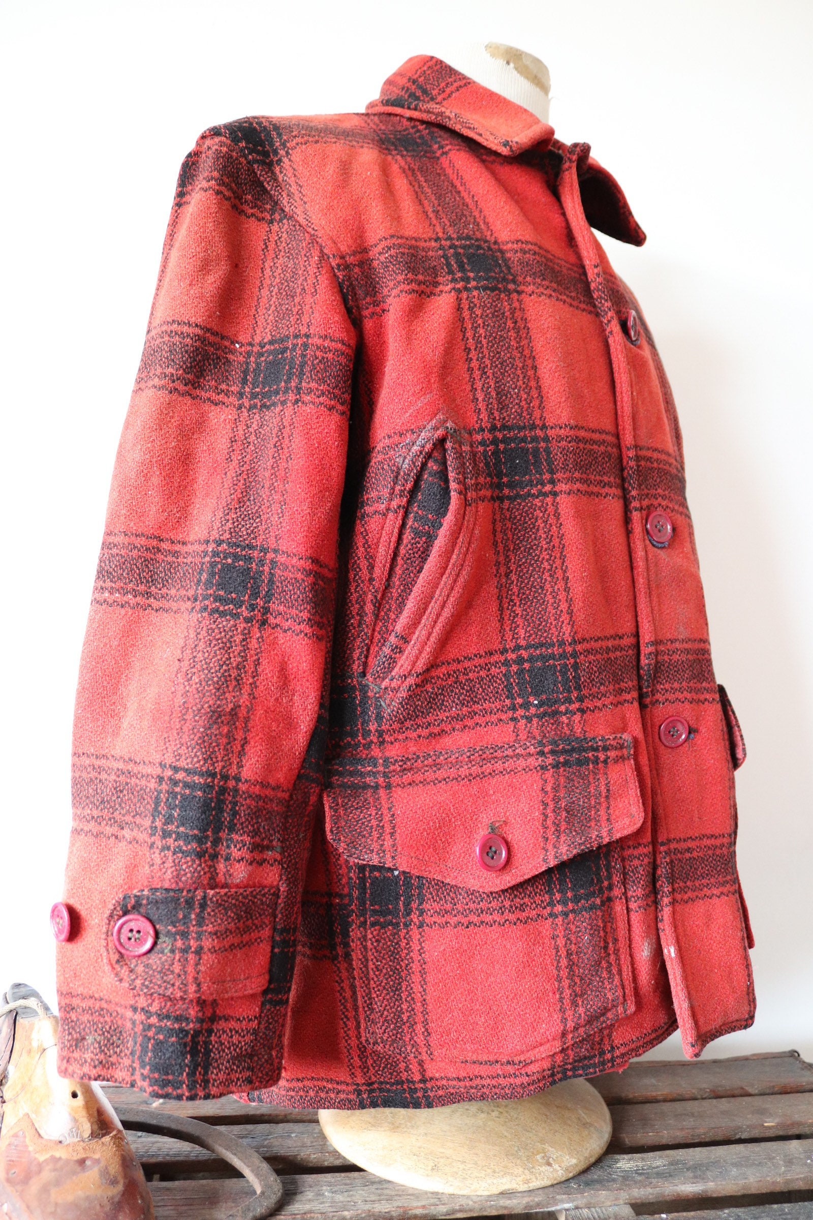 Vintage 1950s 50s JC Higgins Sears Roebuck red black buffalo plaid wool ...