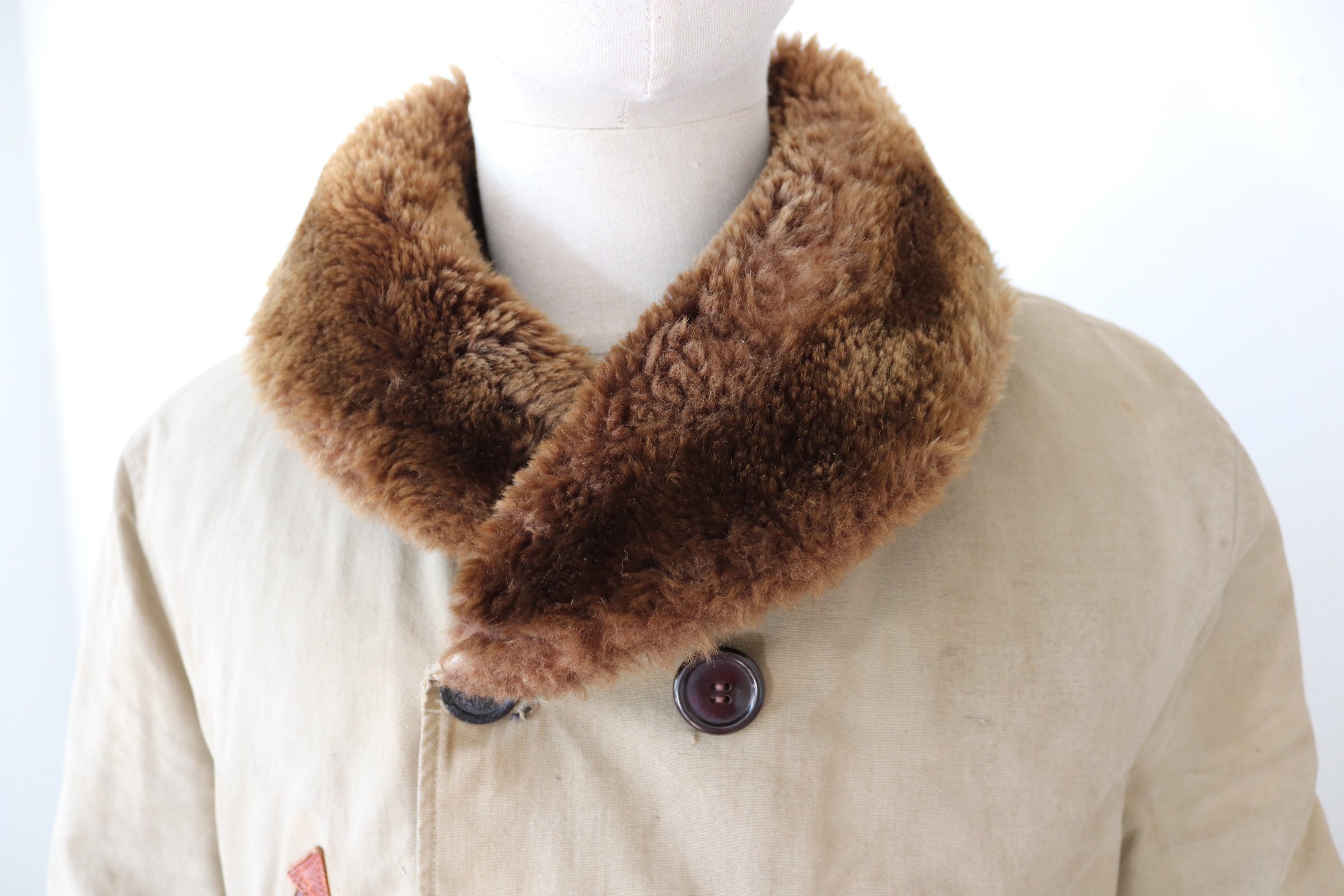 Vintage 1940s 40s french brown cotton canvas shearling sheepskin ...