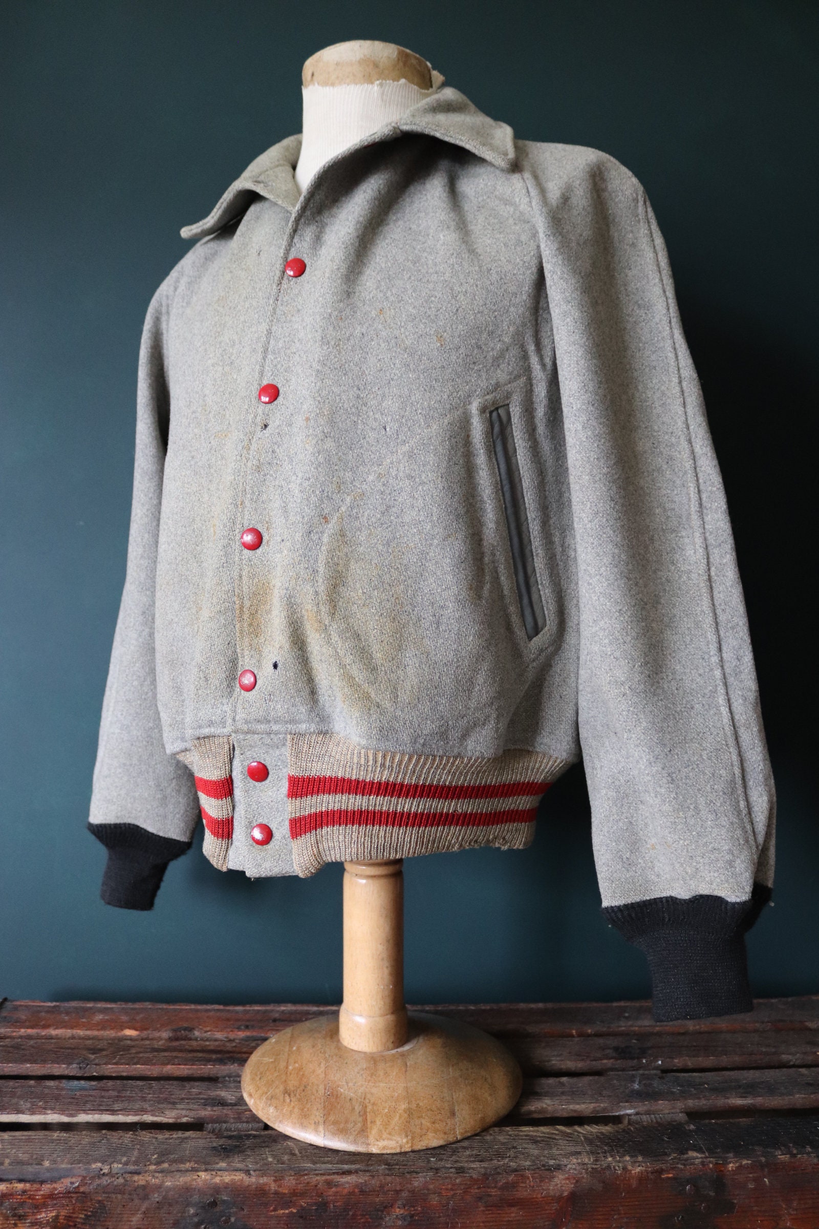 Vintage 1960s 60s distressed trashed grey red wool MIT varsity college ...