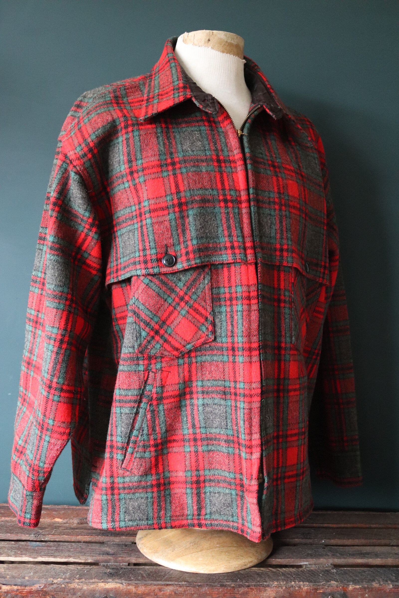 Vintage 1960s 60s Johnson wool plaid checked red grey green cruiser ...