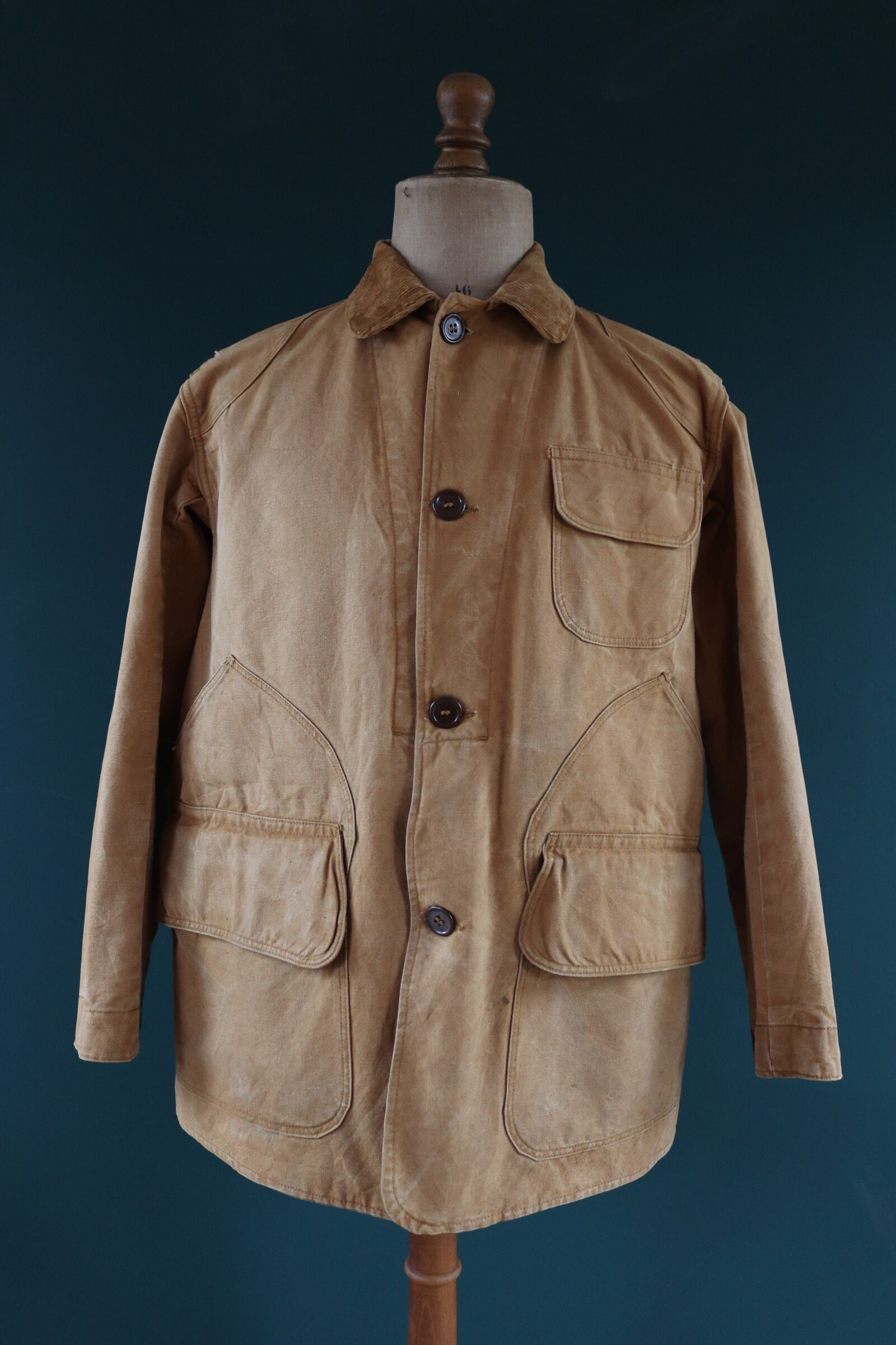 Vintage 1940s 40s tin cloth duck cotton canvas hunting shooting jacket 47” chest American ...