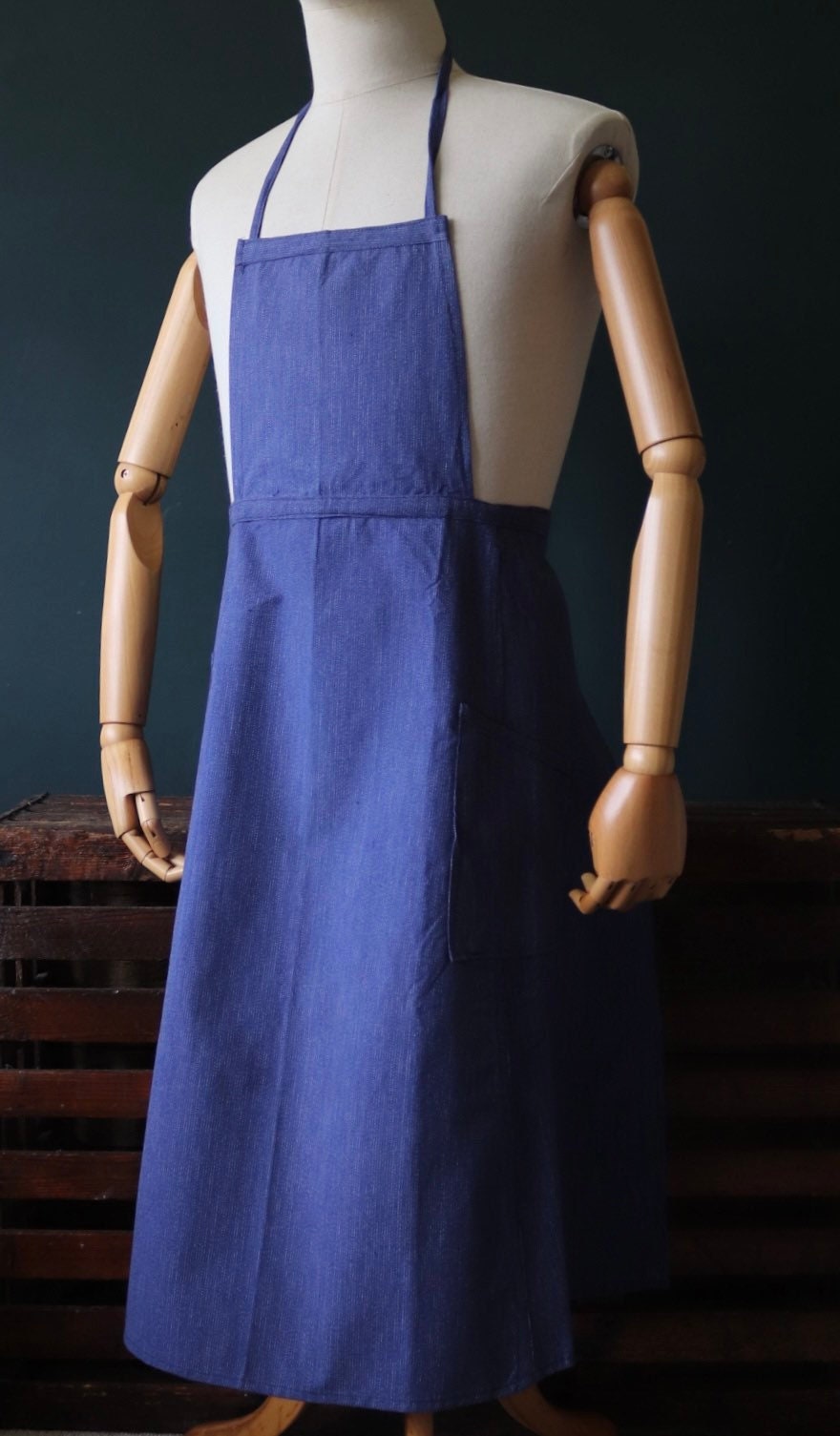 Vintage 1970s 70s French indigo blue striped apron pinny workwear chore ...