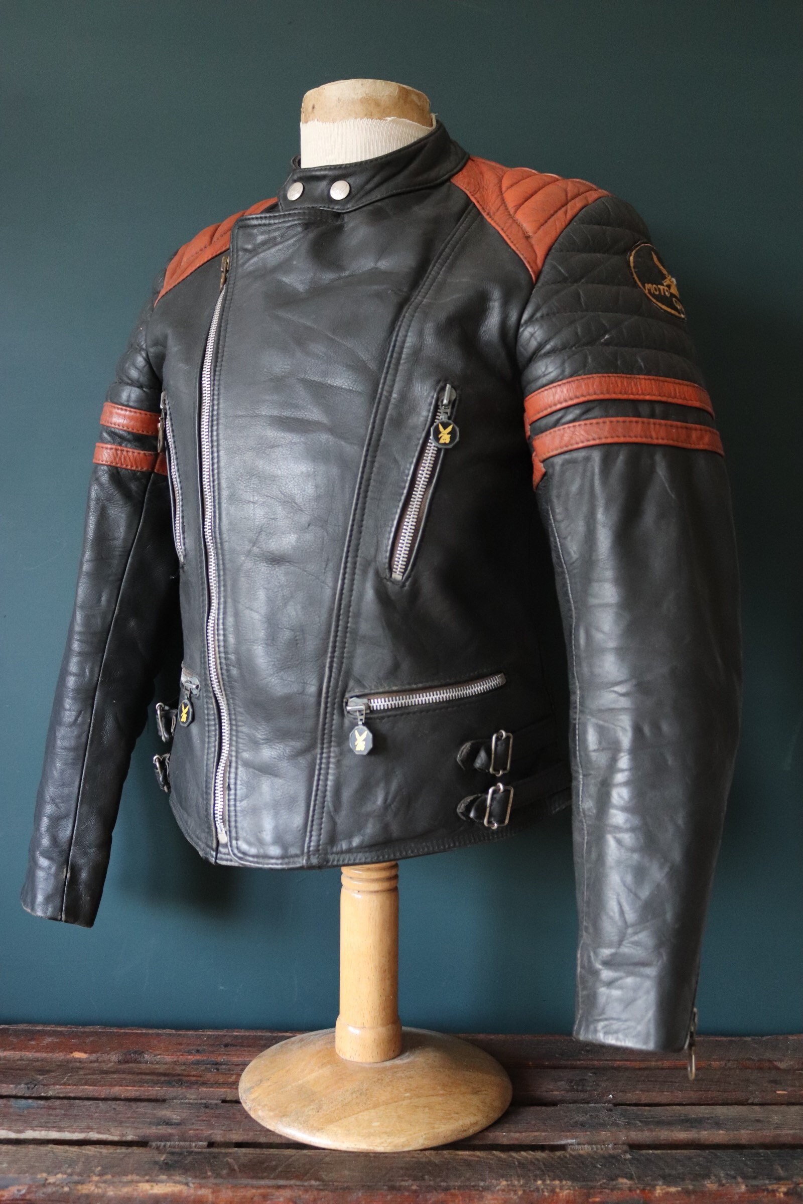 Vintage 1980s 80s French black red leather cafe racer jacket 38” chest ...
