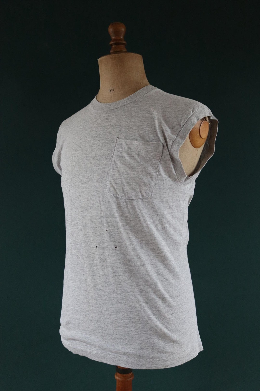 Vintage 1980s 80s Grey Marl Poly Cotton Singlet Vest Pocket Sports ...