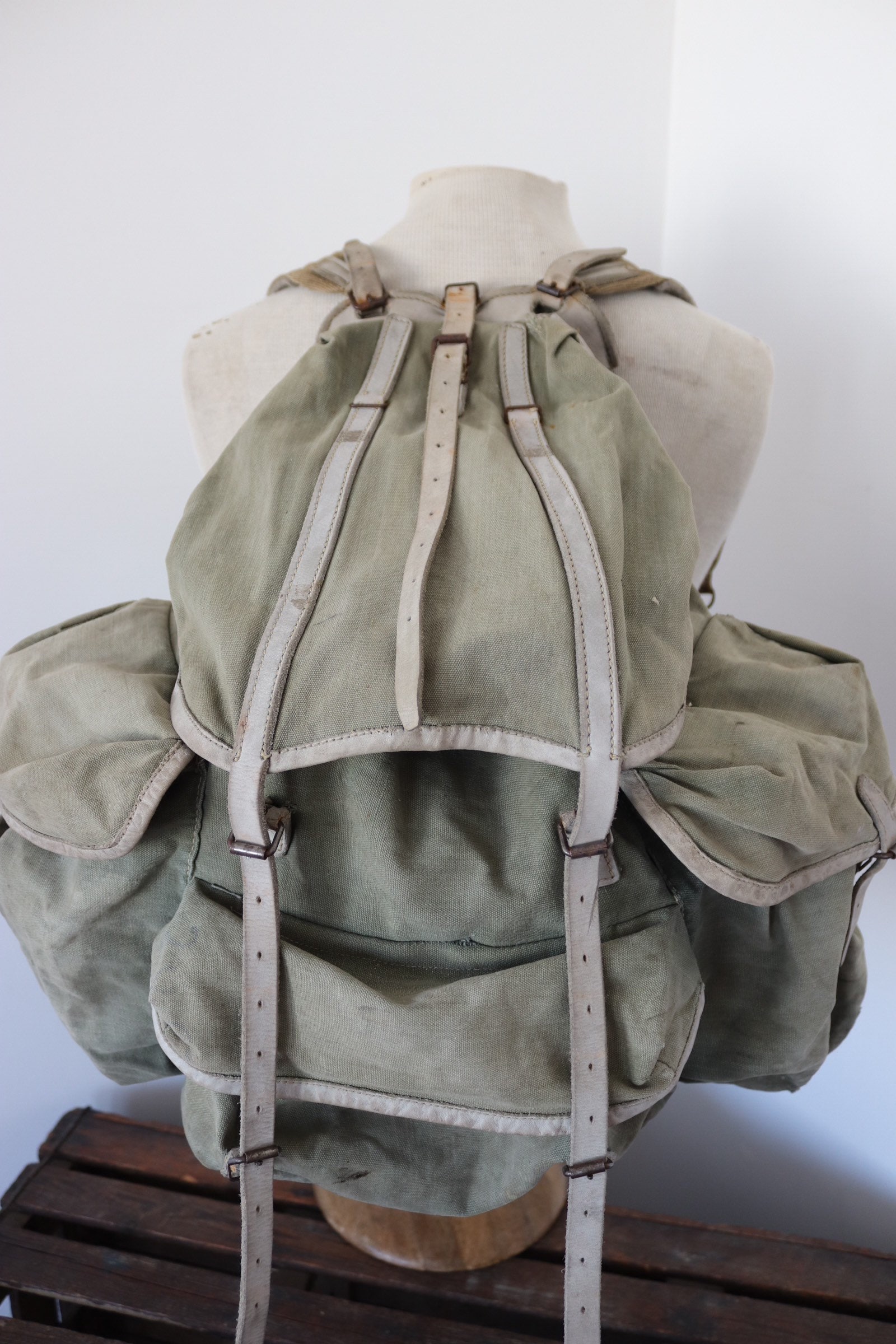 Vintage 1960s 60s french khaki green canvas leather rucksack backpack ...