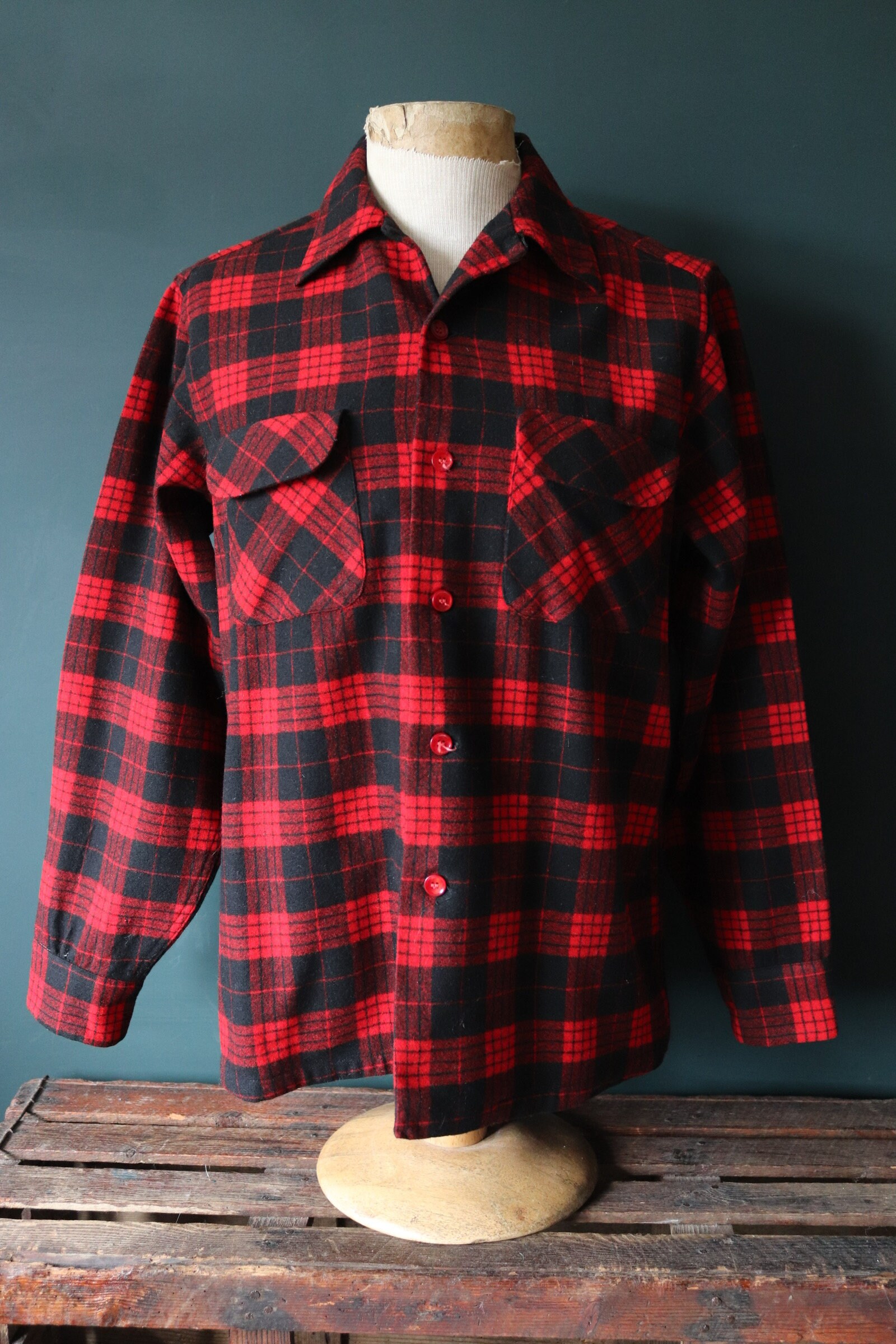 Vintage 1960s 60s 1970s 70s Pendleton wool shirt red black plaid checked board shirt surf Ivy ...