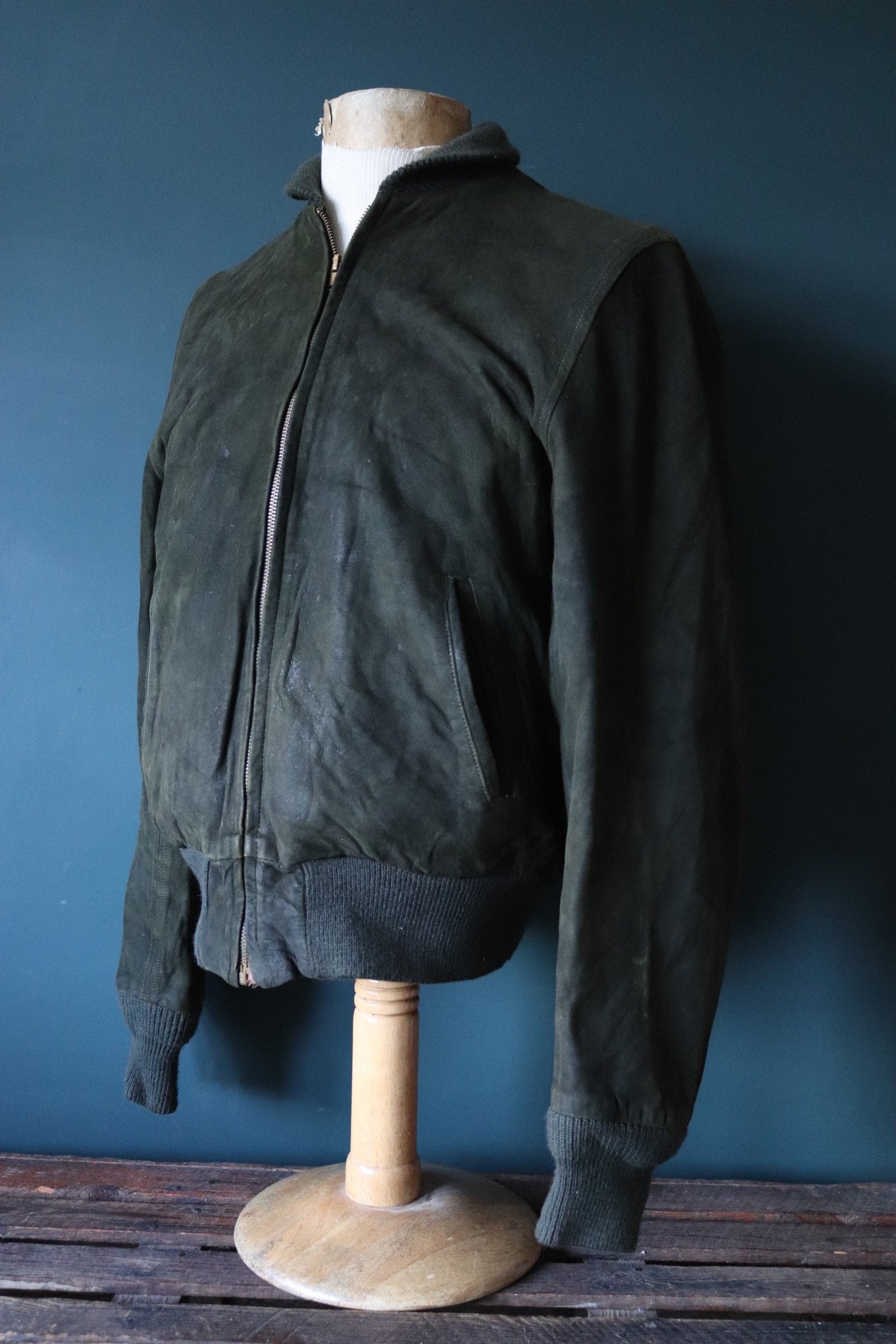 Vintage 1950s 50s 1960s 1960s dark green buckskin suede jacket bomber ...