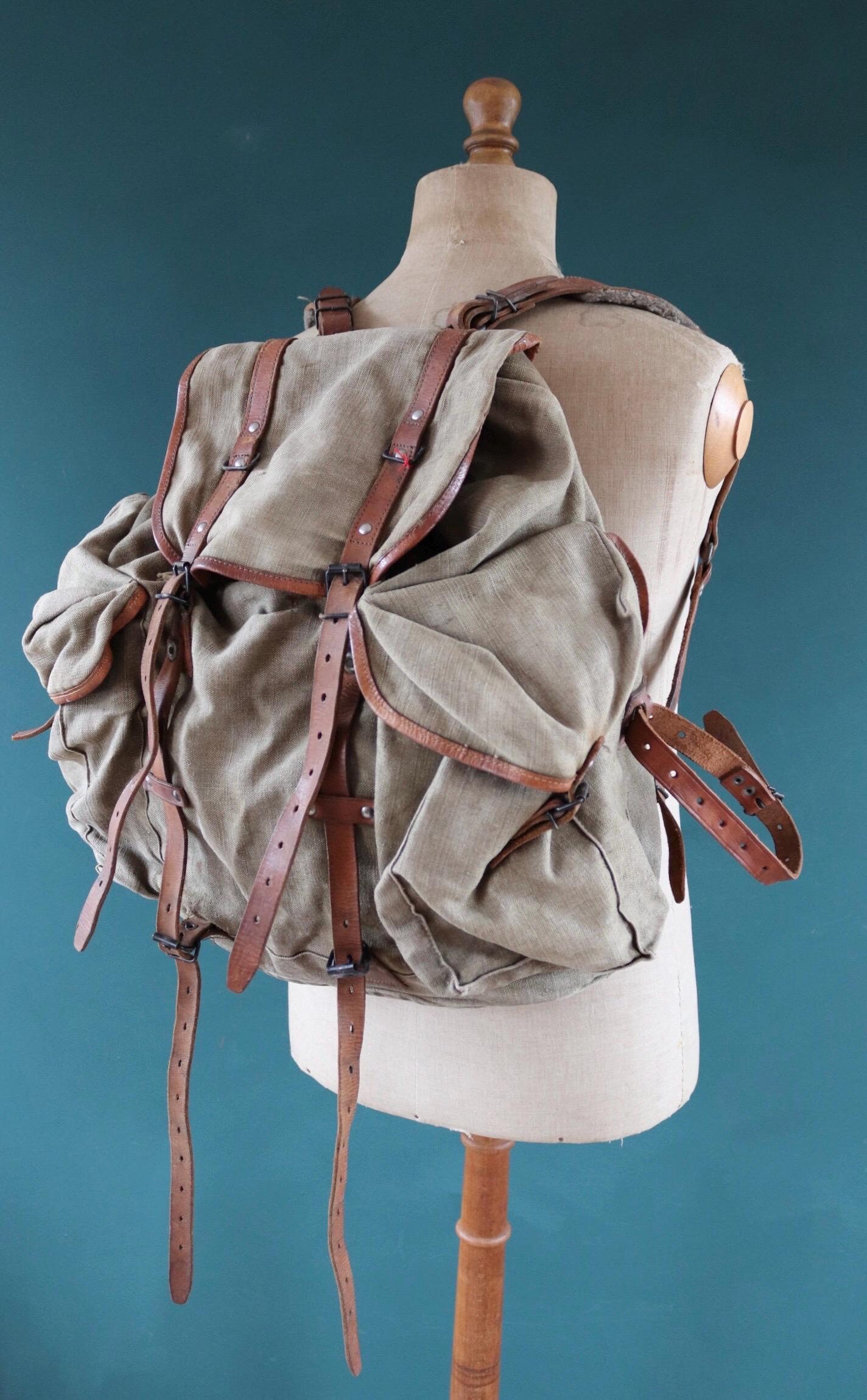 Vintage 1950s 50s French army military Lafuma khaki green rucksack ...