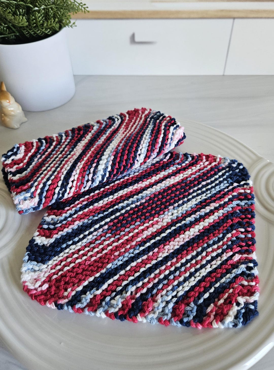 Nautical Ombre Dishcloths, White Red Blue, Set of 2 July 4th, Knitted ...