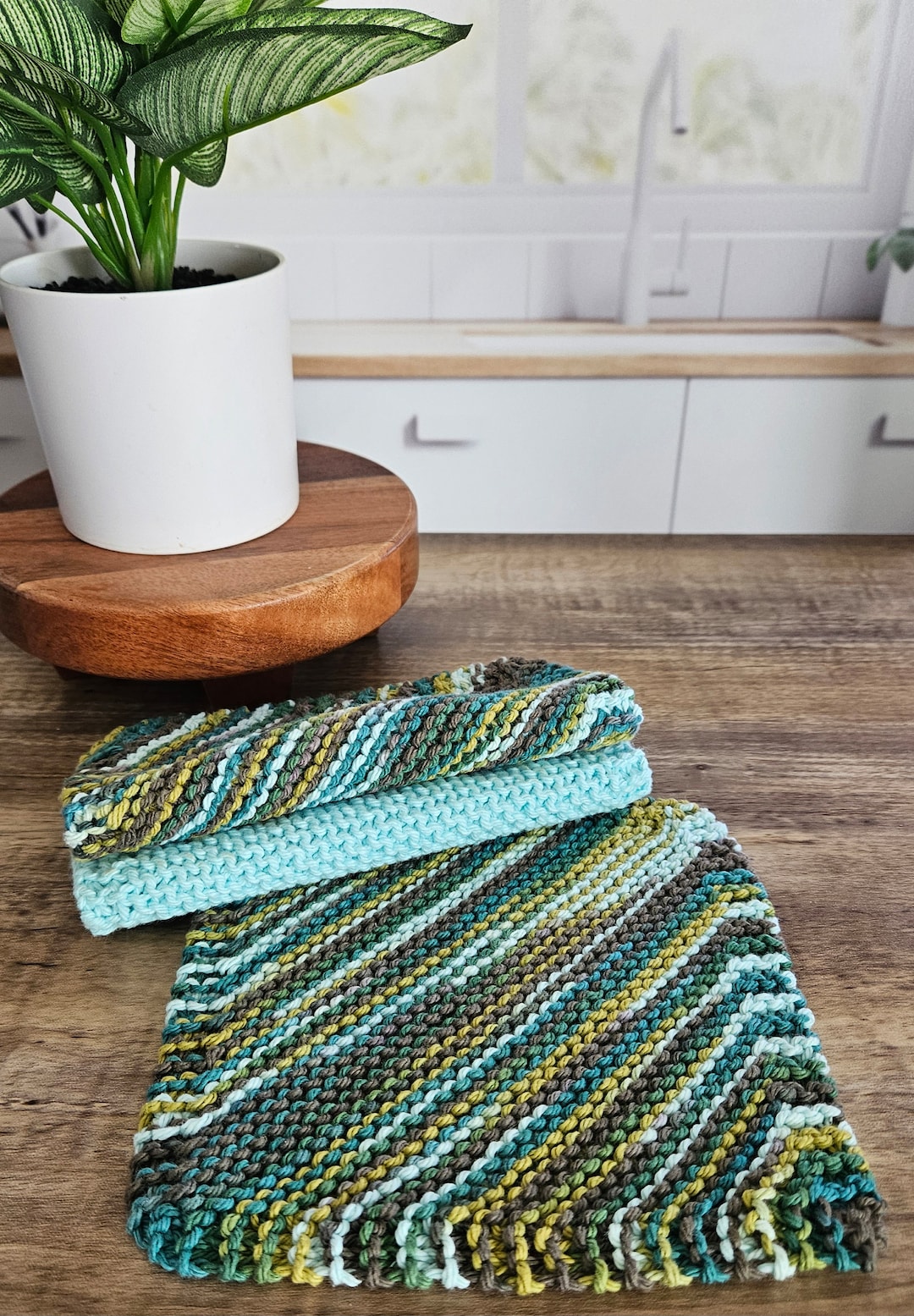 Rick Rack Dishcloths, Brown Green Robin Egg Green, Set of 3, Knitted ...