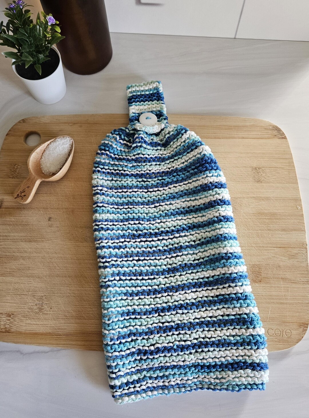 Hippi Dish Towel, Knit Kitchen Oven Cloth, Shades of Blue White ...