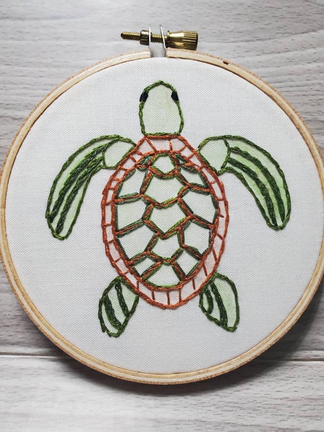 Turtle Ornament, Green Brown, Embroidery Tortoise Hoop Art, Coastal ...