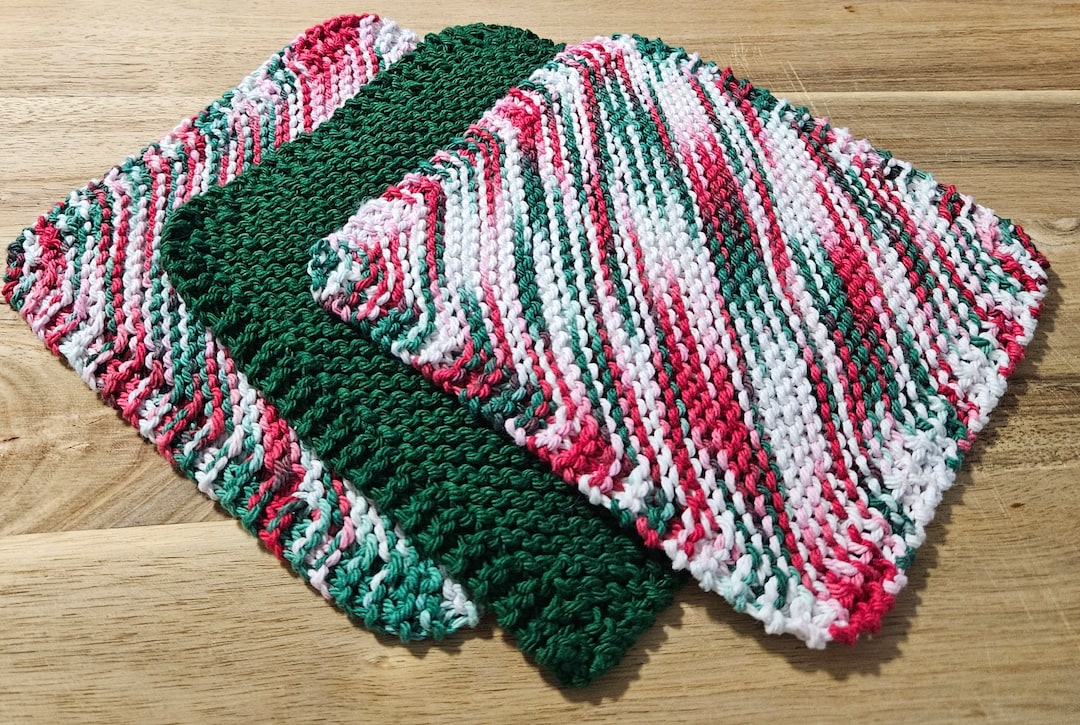 Christmas Dishcloths, Set of 3 Washcloths, Knit Cotton Red Green White ...