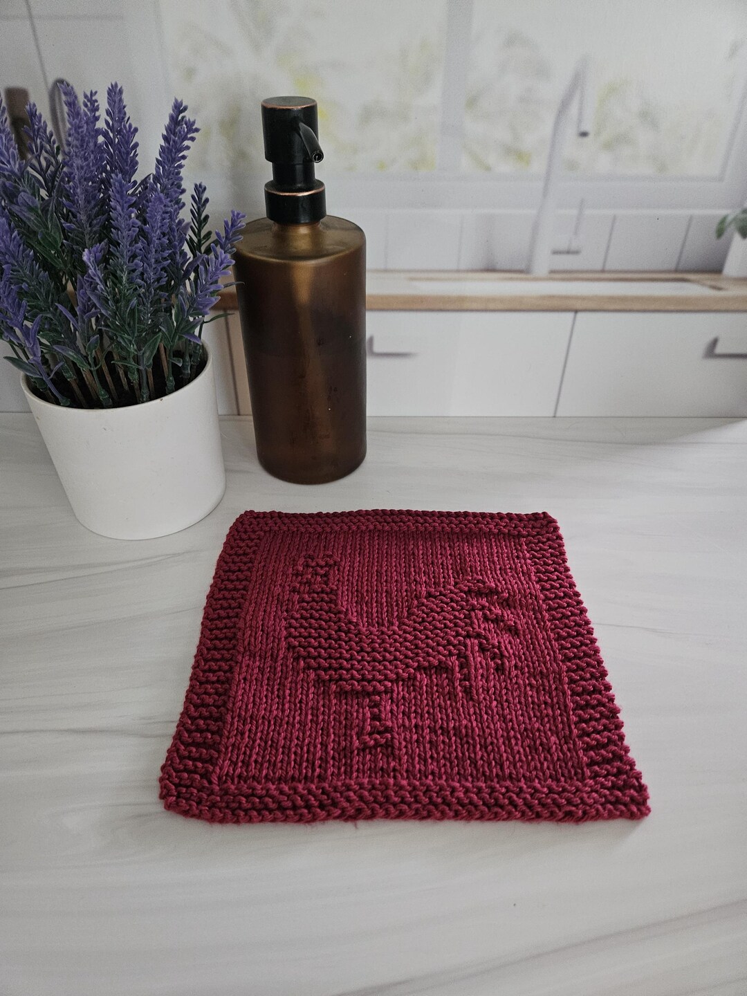 Rooster Knit Dishcloth, Bordeaux Poultry Decor, Cotton Knit Washcloth ...