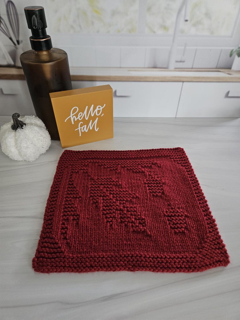 Oak Leaves Acorn Dishcloth, Burnt Sienna Thanksgiving Knit Decor, Knit ...