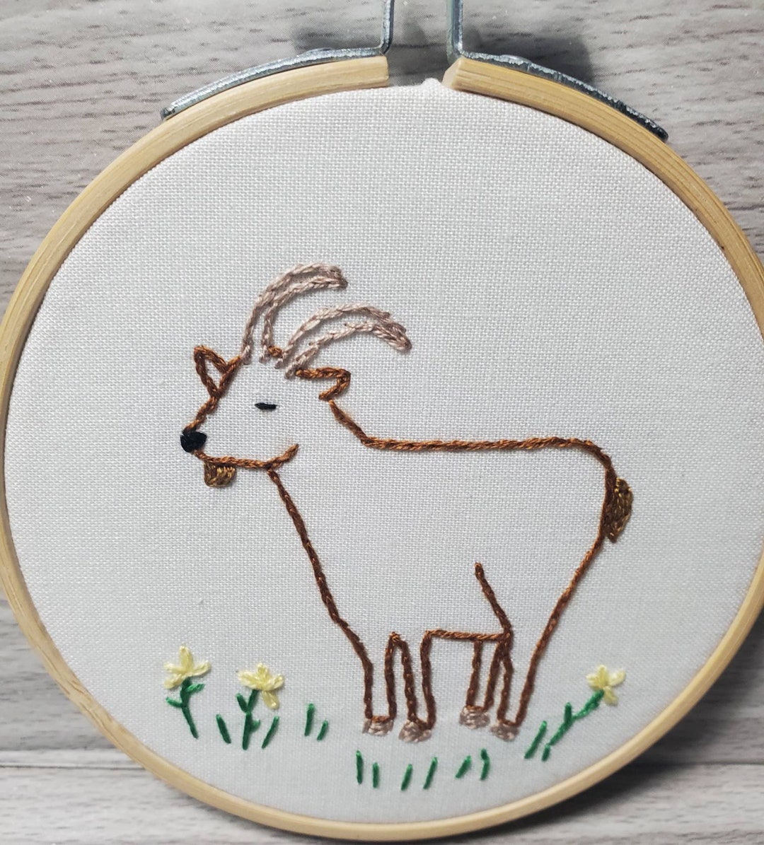 Goat Embroidery Ornament, Yellow Green Brown, Farm Animal Wall Art ...