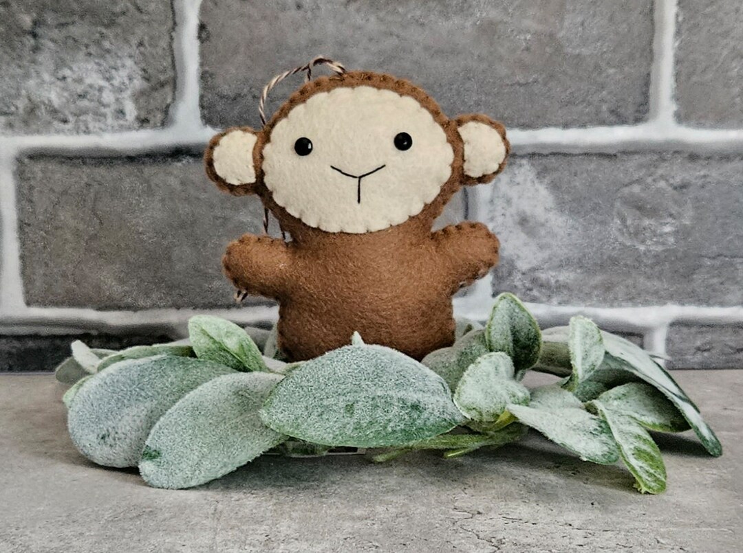 Monkey Felt Ornament, Tan Brown Button Decor, Zoo Animal Christmas Tree ...