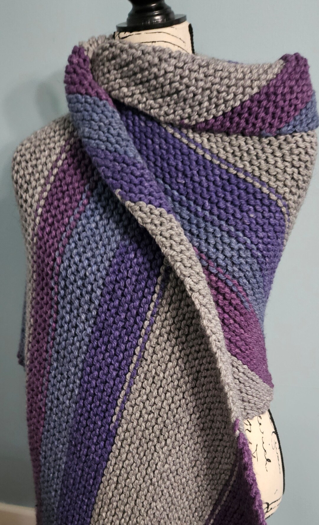 Diagonal Striping Bulky Wrap, Thick Knit Purple Gray Neckware, Chunky ...