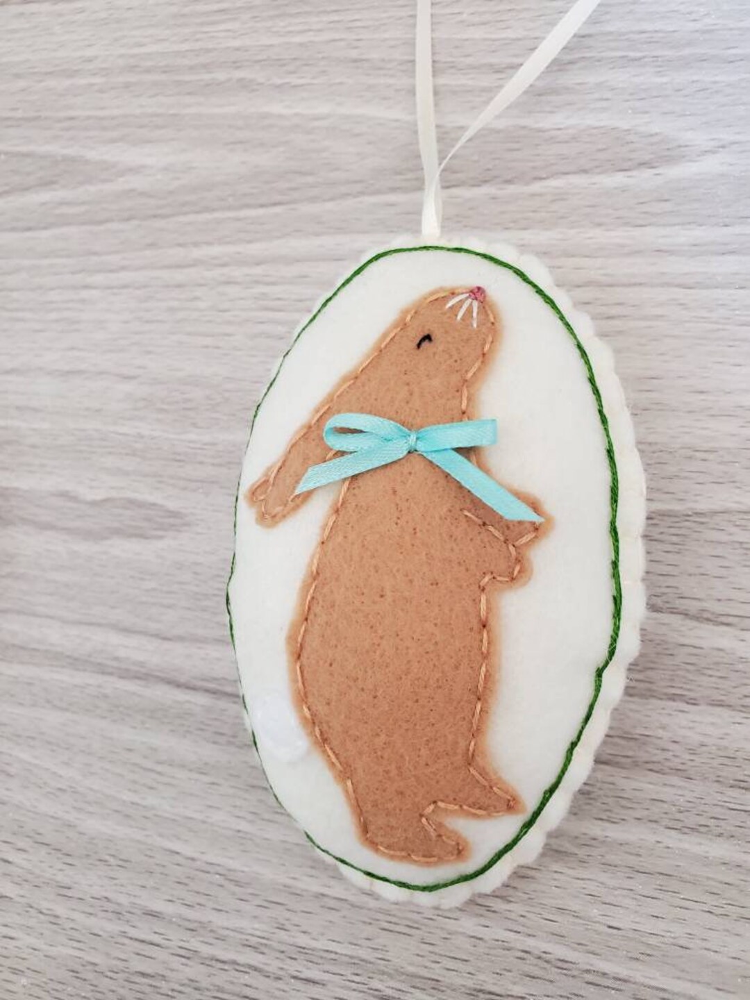 Standing Rabbit Felt Ornament, Bunny Embroidery, Easter Tan Cream Green ...