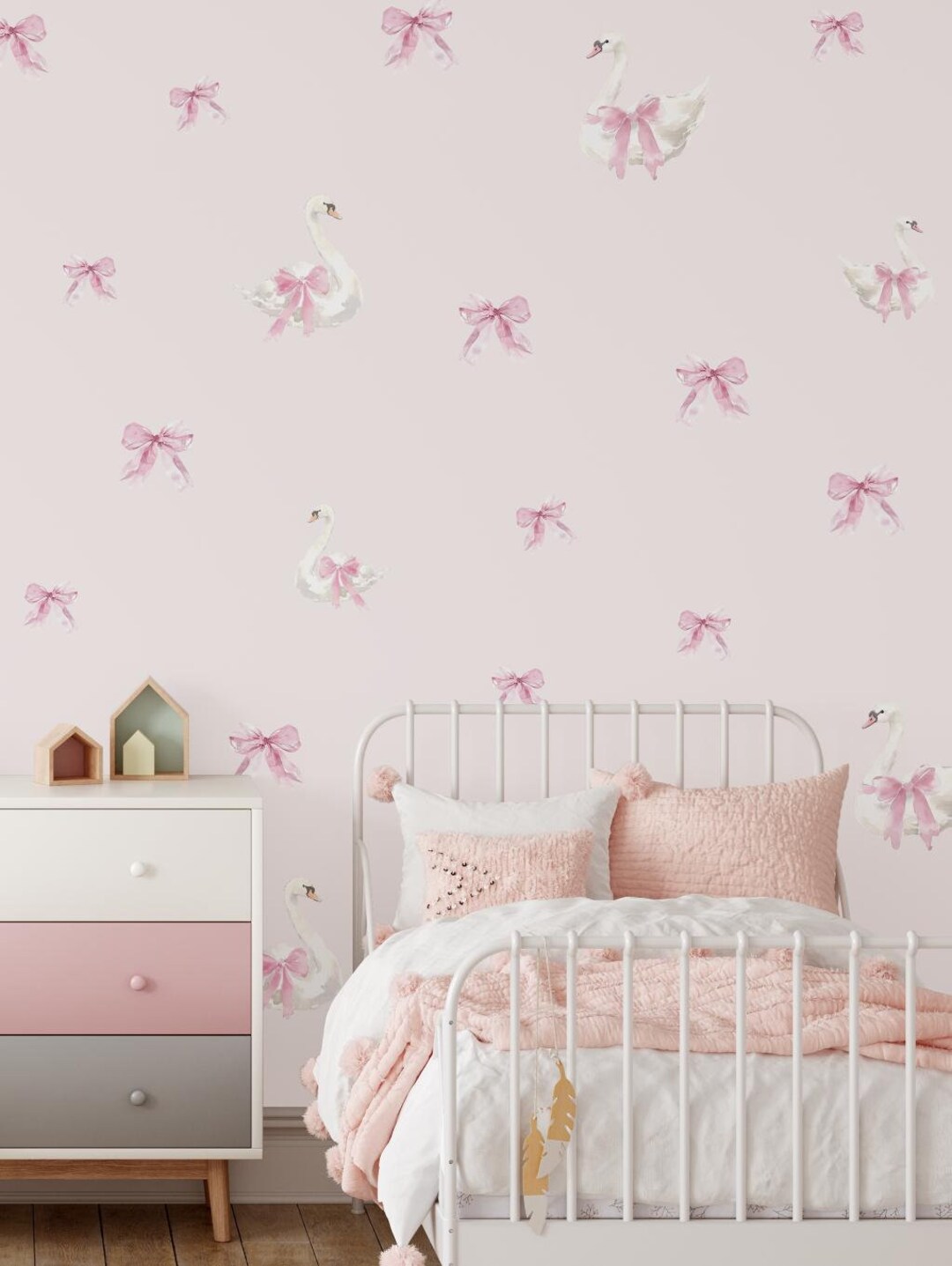 Swan and Bow Wall Decals, Elegant Nursery Decor for Girls, Pink and ...