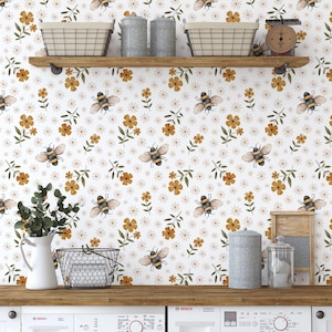 Busy Bee Wallpaper, Bumblebee Floral Wallpaper, Cottage Core Kitchen ...