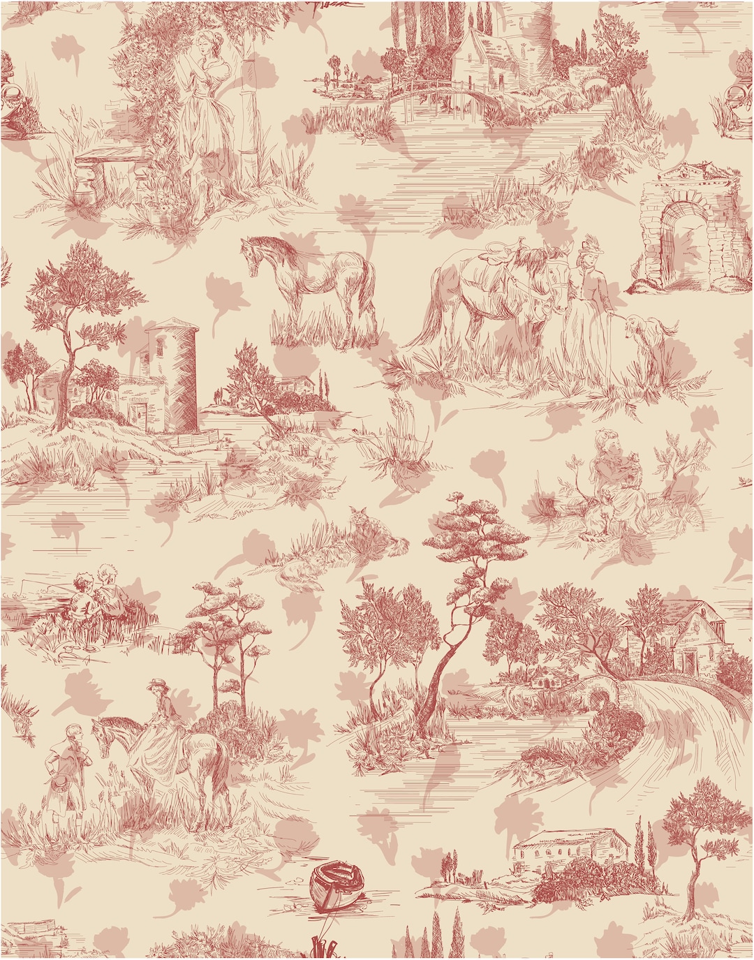 Red French Toile Wallpaper, Toile De Jouy Wallpaper, Removable Peel and ...