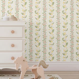 Primrose Wallpaper, Viral Wallpaper , Butter Yellow, Floral Stripe ...