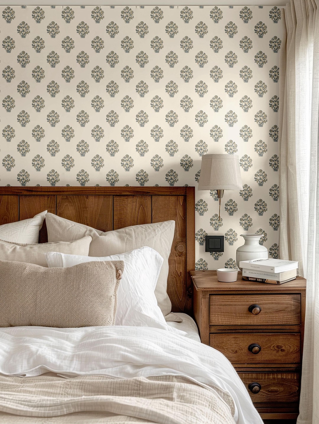 Vintage Block Print Floral Wallpaper, Blue and Beige Peel and Stick ...