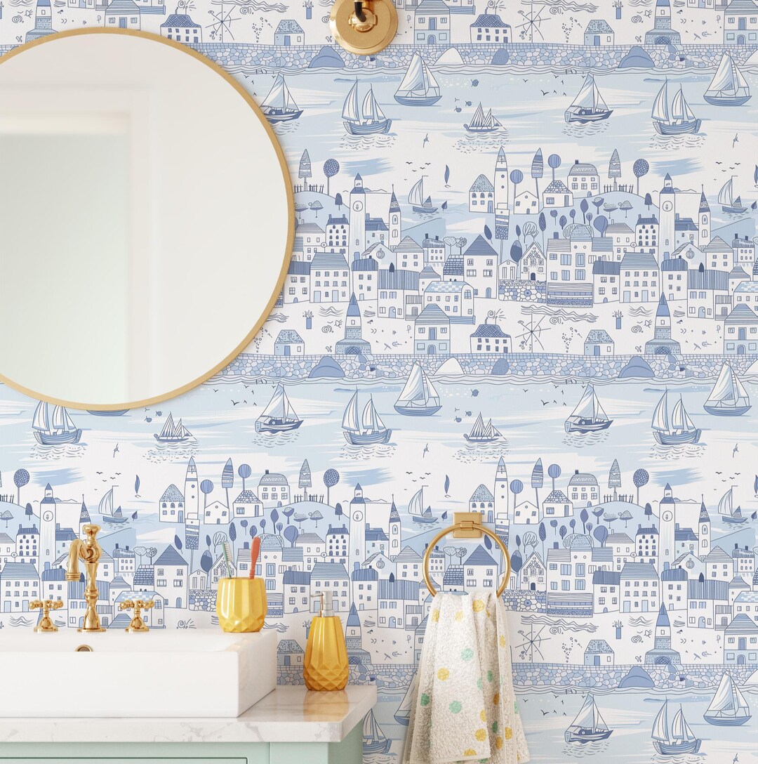 Sunlit Waterways Wallpaper. Light Blue Coastal Sailboat Design ...