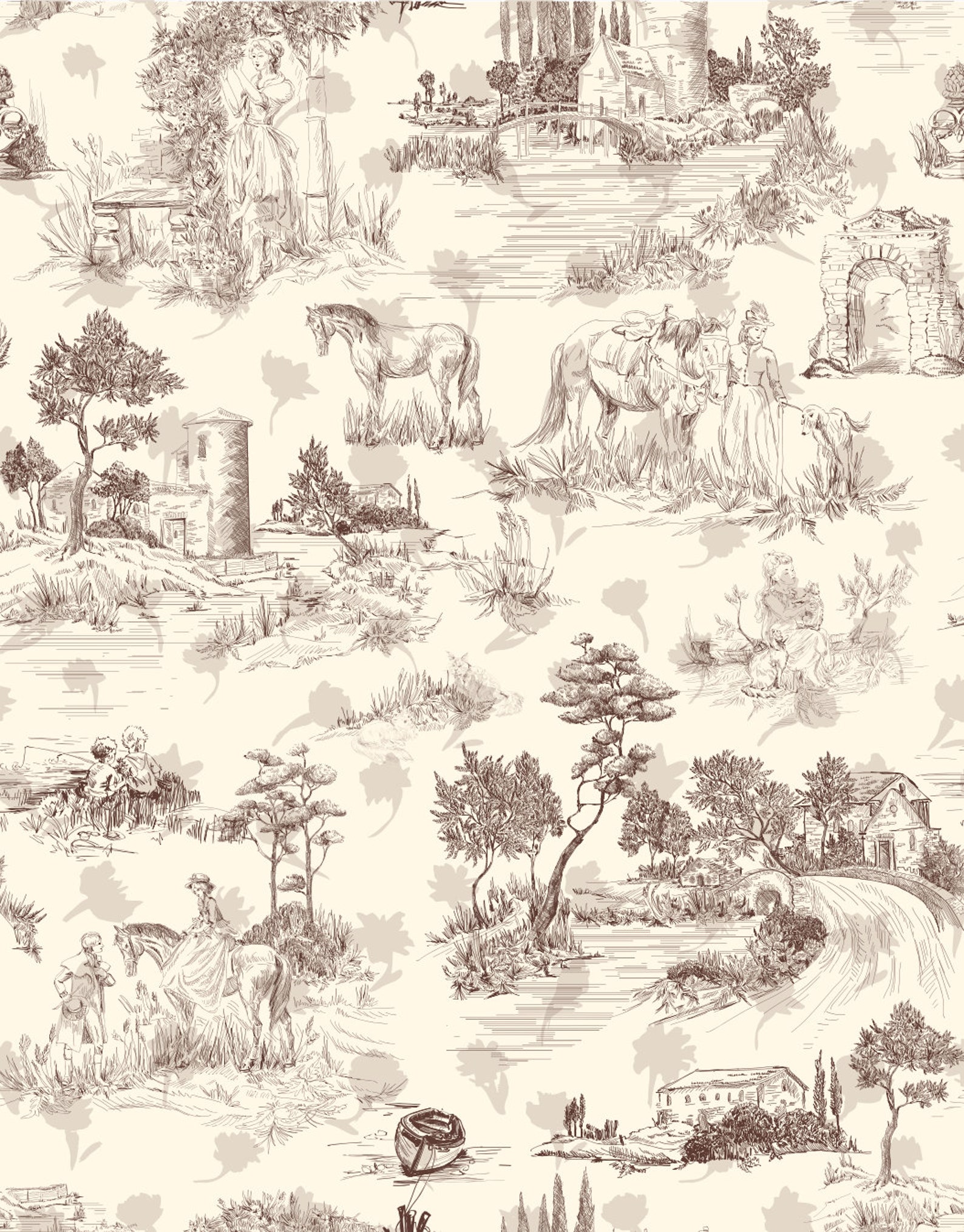French Scene Wallpaper, Toile De Jouy Wallpaper, Removable Peel and ...