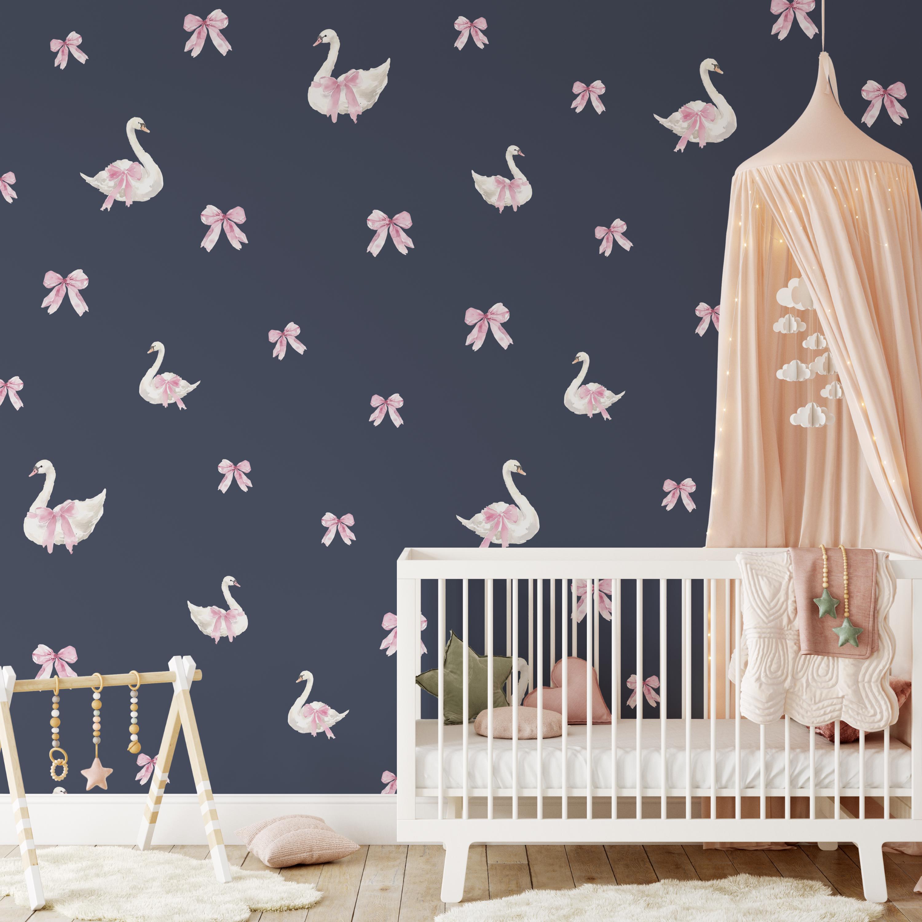 Swan and Bow Wall Decals, Elegant Nursery Decor for Girls, Pink and ...
