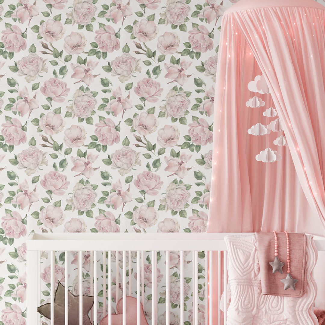 Pink Roses Wallpaper. Wallpaper for Baby Room. Kids Room "floral ...