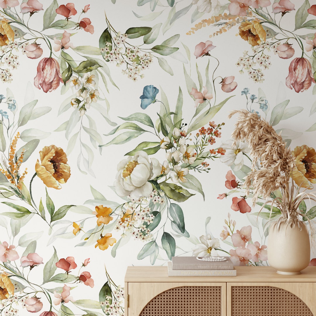 Nature-inspired Wallpaper, Boho, Watercolor Wild Flower Wallpaper, Pink ...