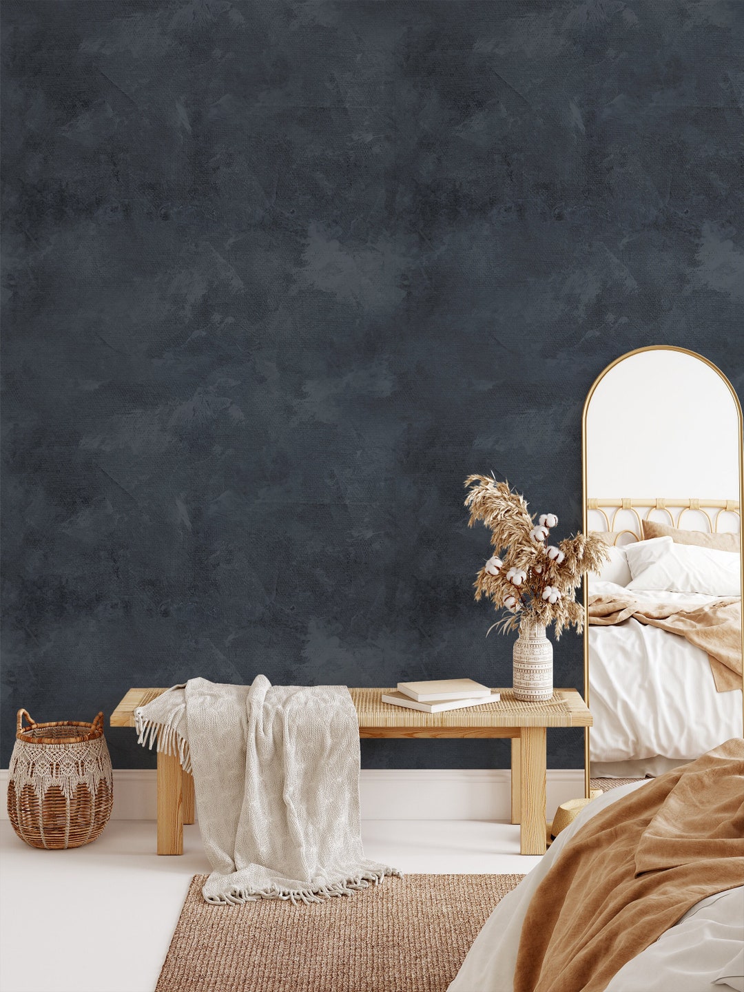 Dark Blue Limewash Wallpaper. Lime Wash. Navy Blue Plaster Wallpaper ...