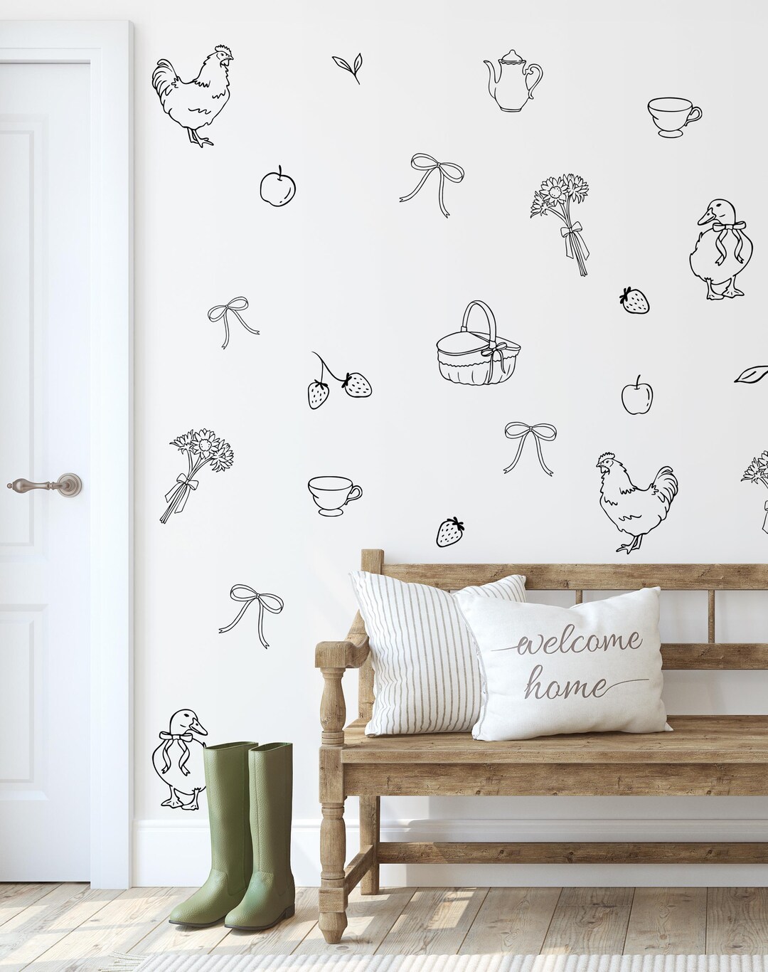 Simple Cottage Wall Decals, Farmhouse Kitchen Decor, Duck, Chicken, Bow ...