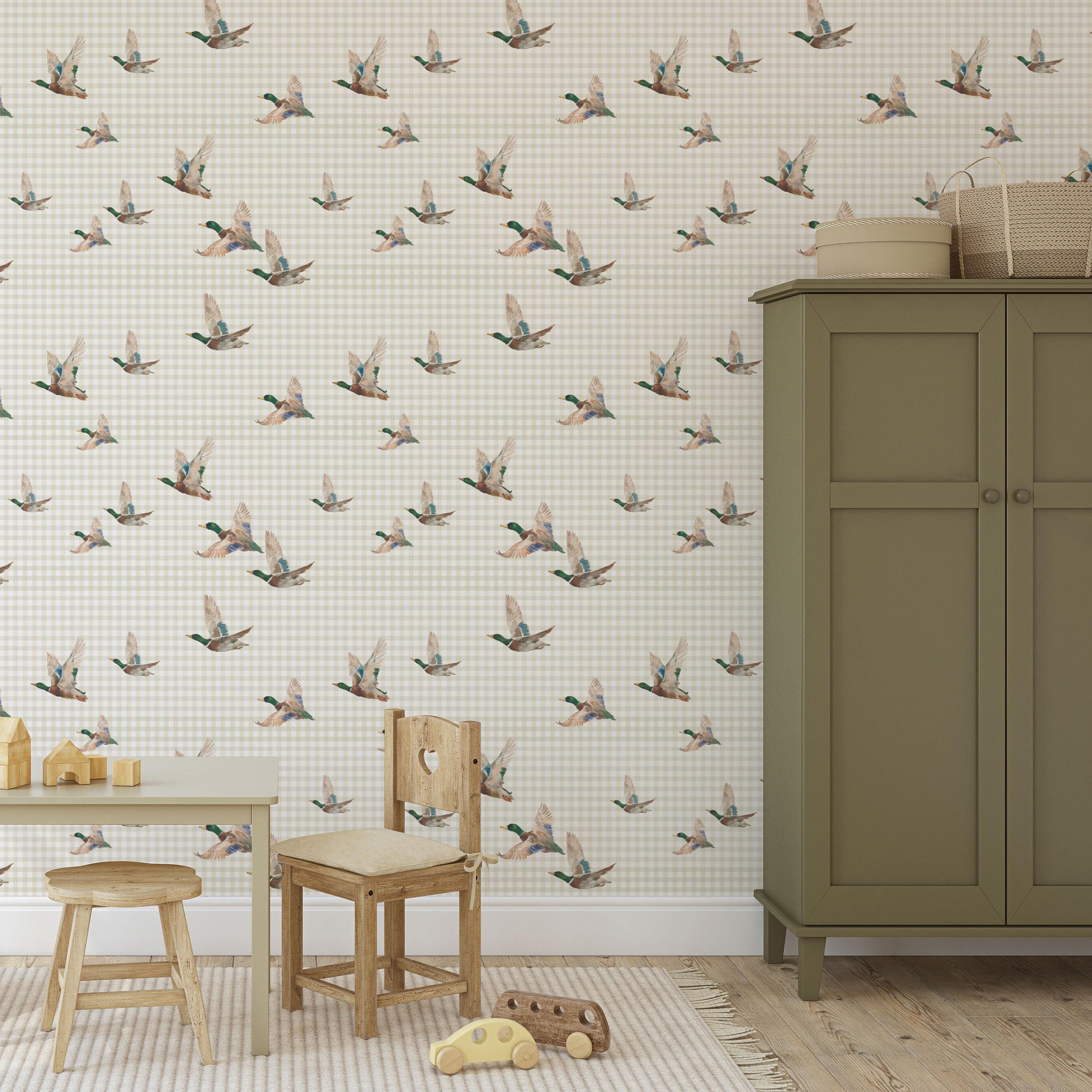 Mallard Wallpaper, Flying Duck Design, Neutral Gingham Wall Art ...